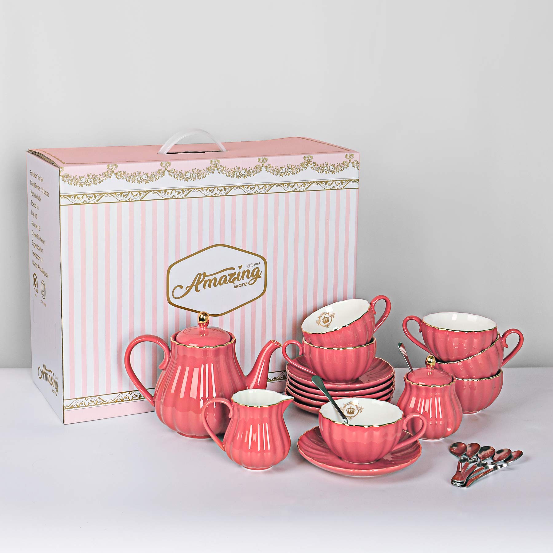 Amazingware Porcelain Tea Set - Tea Cup and Saucer Set Service for 6, with 28 ounces Teapot Sugar Bowl Cream Pitcher Teaspoons and Tea Strainer - for Thanksgiving - Pumpkin Fluted Shape, Red