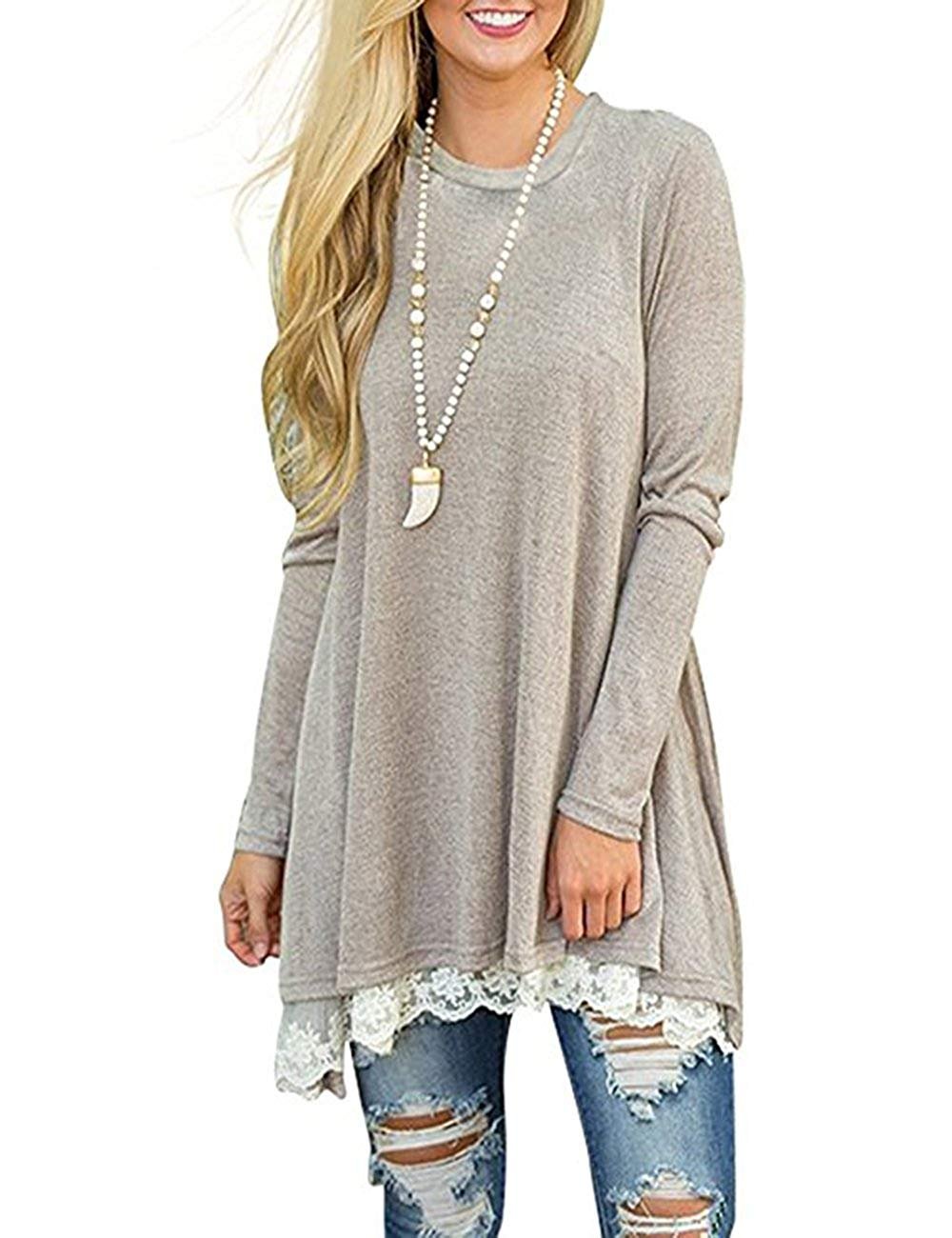 Andaa Women's Crew Neck Long Sleeve Lace Splicing Swing Shirt Dresses Long Tunic Blouses Shirts for Leggings Khaki