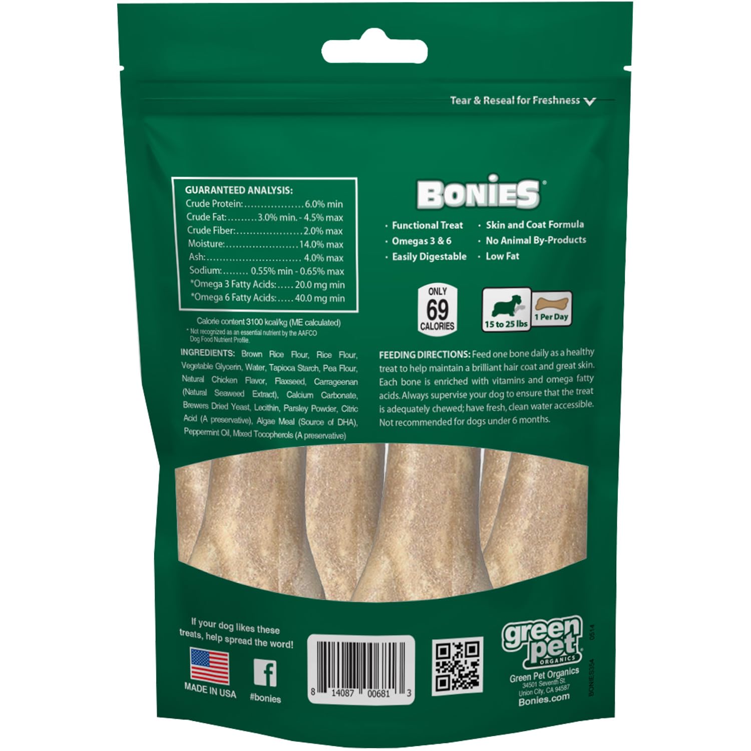 Bonies Natural Skin & Coat Formula Small-Sized Single Bone - Promote Silky Coat & Healthy Skin, Healthy Teeth & Fresh Breath, Low Calories - Chicken Flavor, 15 Count