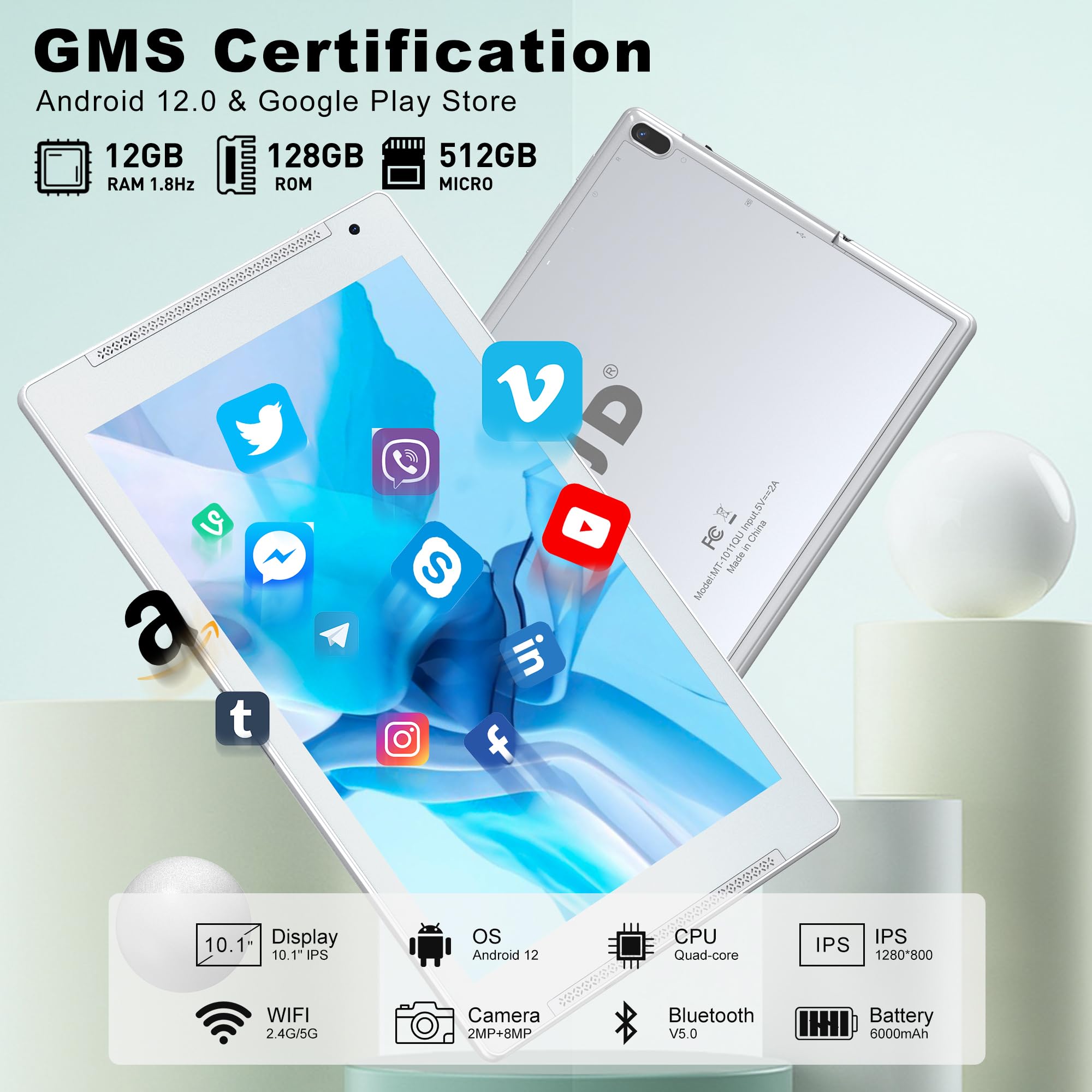 Android 12 Tablet 10.1 Inch Tablets with Stand, 12GB RAM 128GB ROM 512GB Expandable, 6000mAh Fast Charge, 8MP Dual Camera, 2.4G/5G WiFi6, IPS HD Touch Screen (Silver)