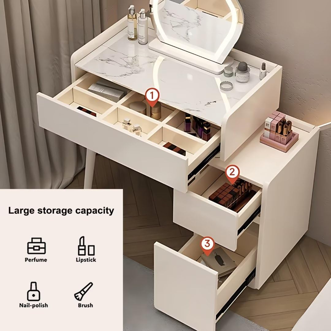 Attega Cute Vanity Desk, Slate Desktop Makeup Vanity Table, Dressing Table Set with LED Makeup Mirror and Petal Chair, Suitable for Small Bedroom (White, 23.6 Inch)