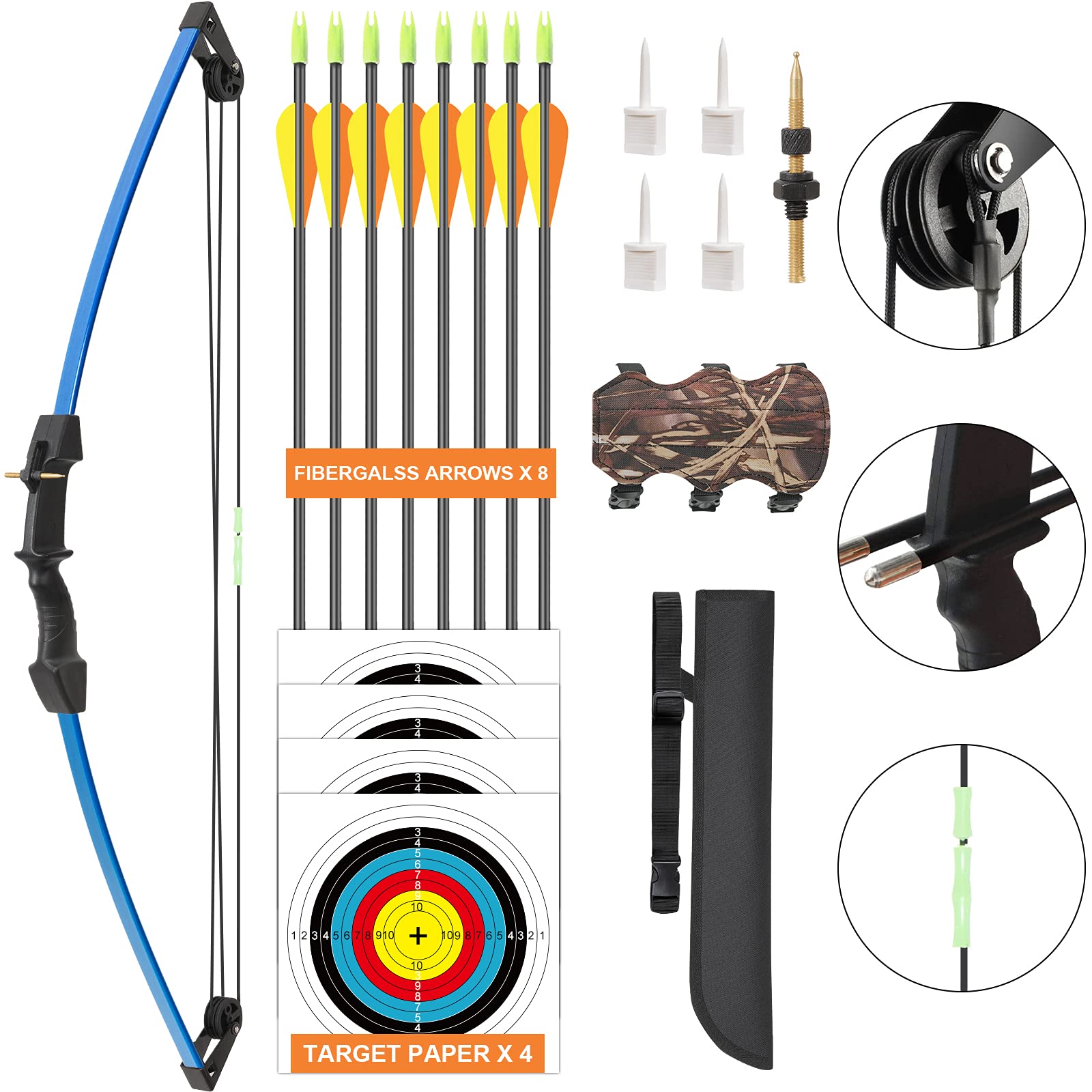 Aimdor Kids Bow and Arrow Set Youth Compound Bow and Arrow Practice Bow Kids Bow Birthday Gift Bow Left and Right Hand Bow Beginner Bow with 8 Arrows and Quiver for Outdoor Play Blue