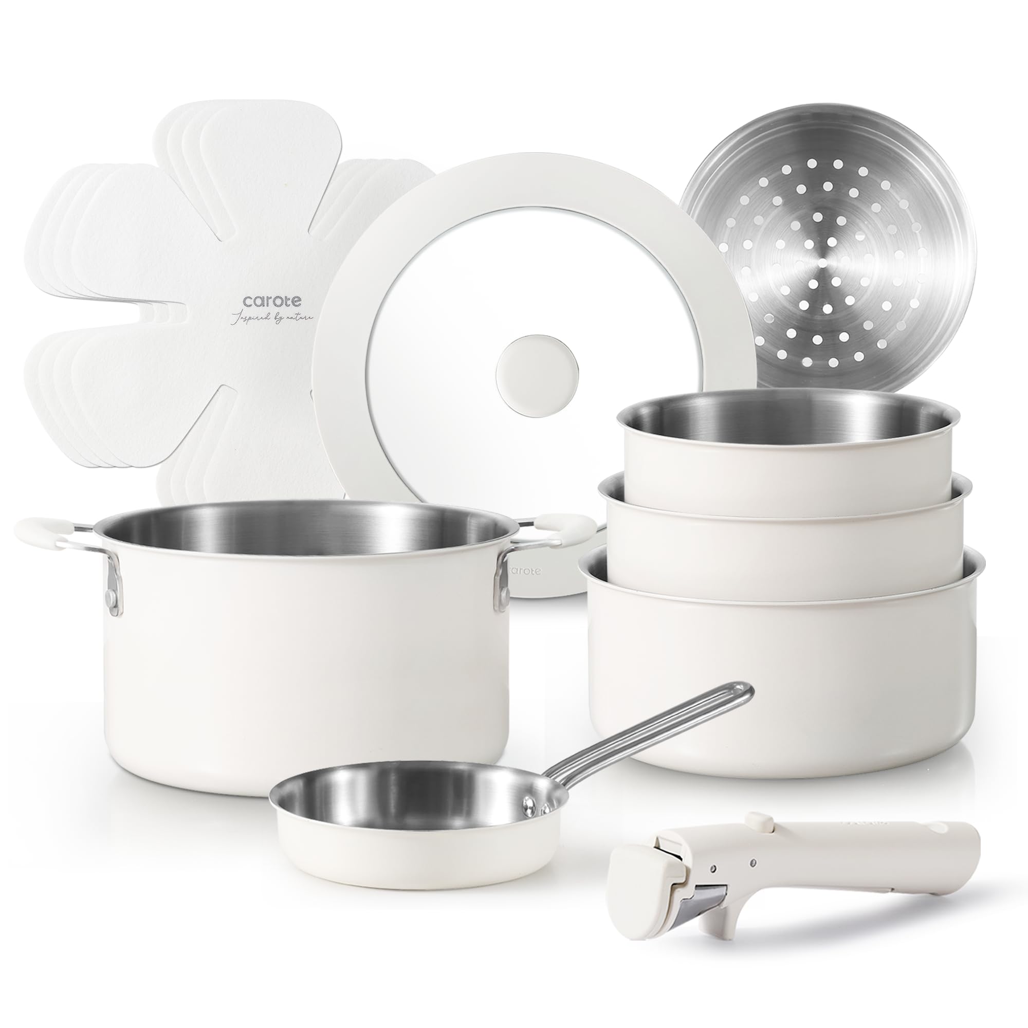CAROTE 12pcs Pots and Pans Set, Glossy Stainless Steel Cookware Set Detachable Handle, Induction Kitchen Cookware Sets with Removable Handle, RV Cookware Set, Oven Safe, Camping Cookware