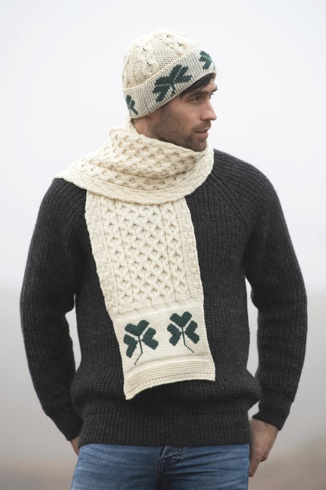 Aran Crafts Irish Shamrock Soft Cable Knitted Scarf 9"x60" (100% Merino Wool)
