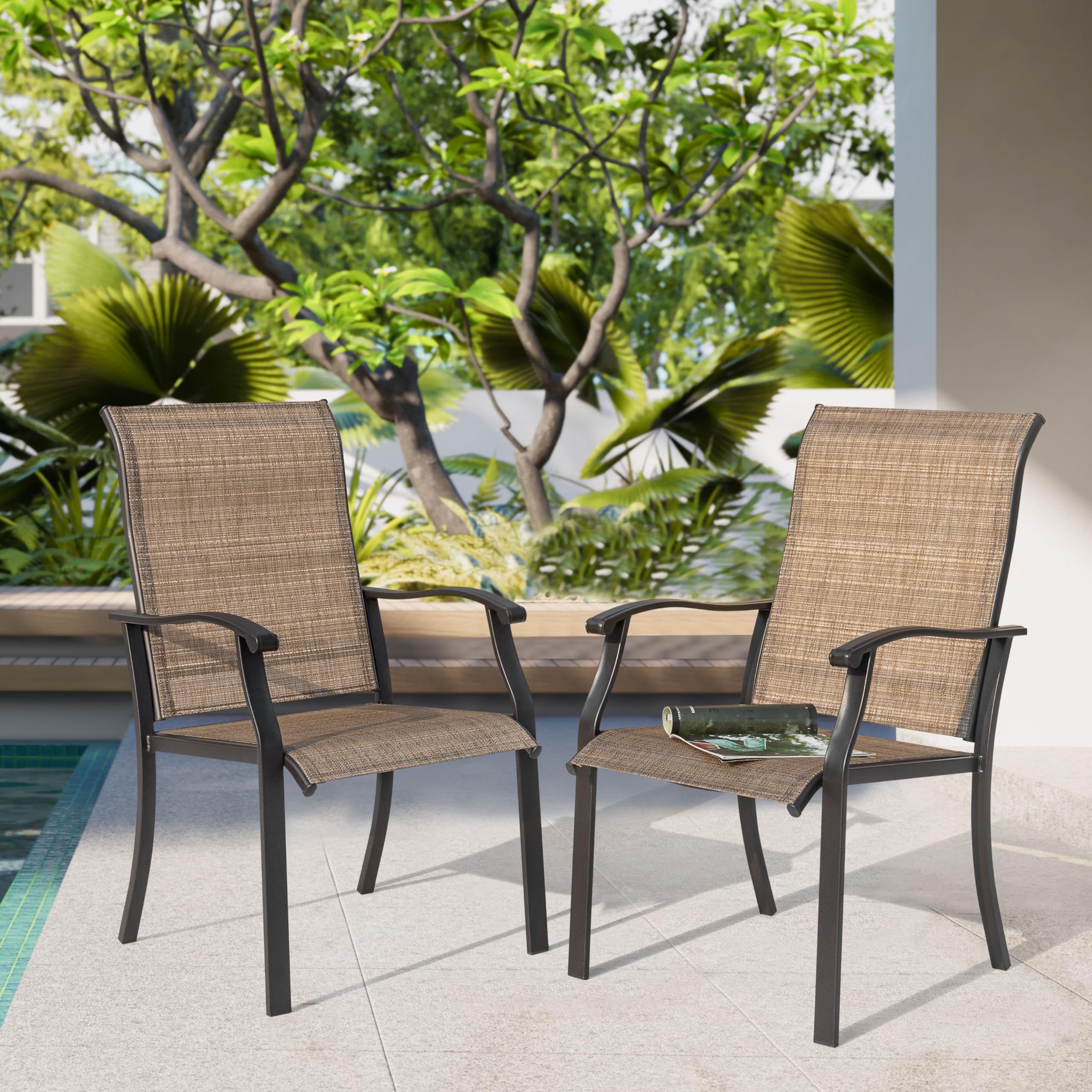 NUU GARDEN Patio Dining Chairs Set of 2, Outdoor Textilene Dining Chairs with High Back, Patio Chairs with Armrest, Metal Frame and Textilene Chairs, Brown