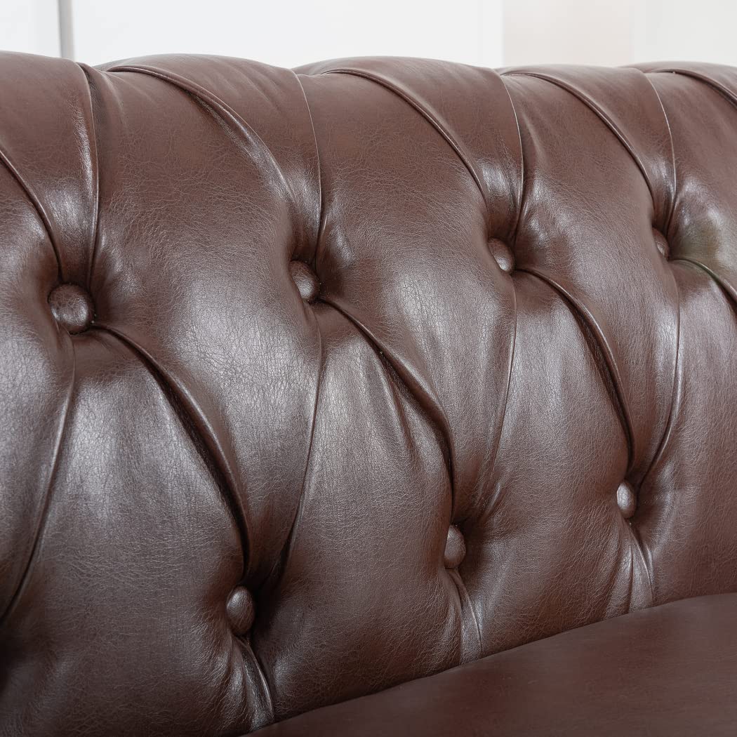 Yuxuanhang 84" Chesterfield Couch PU Leather, Modern Rolled Arm Tufted Back 3 Seater Sofa, Upholstery Nailhead Trim Couches for Living Room Office (Dark Brown)