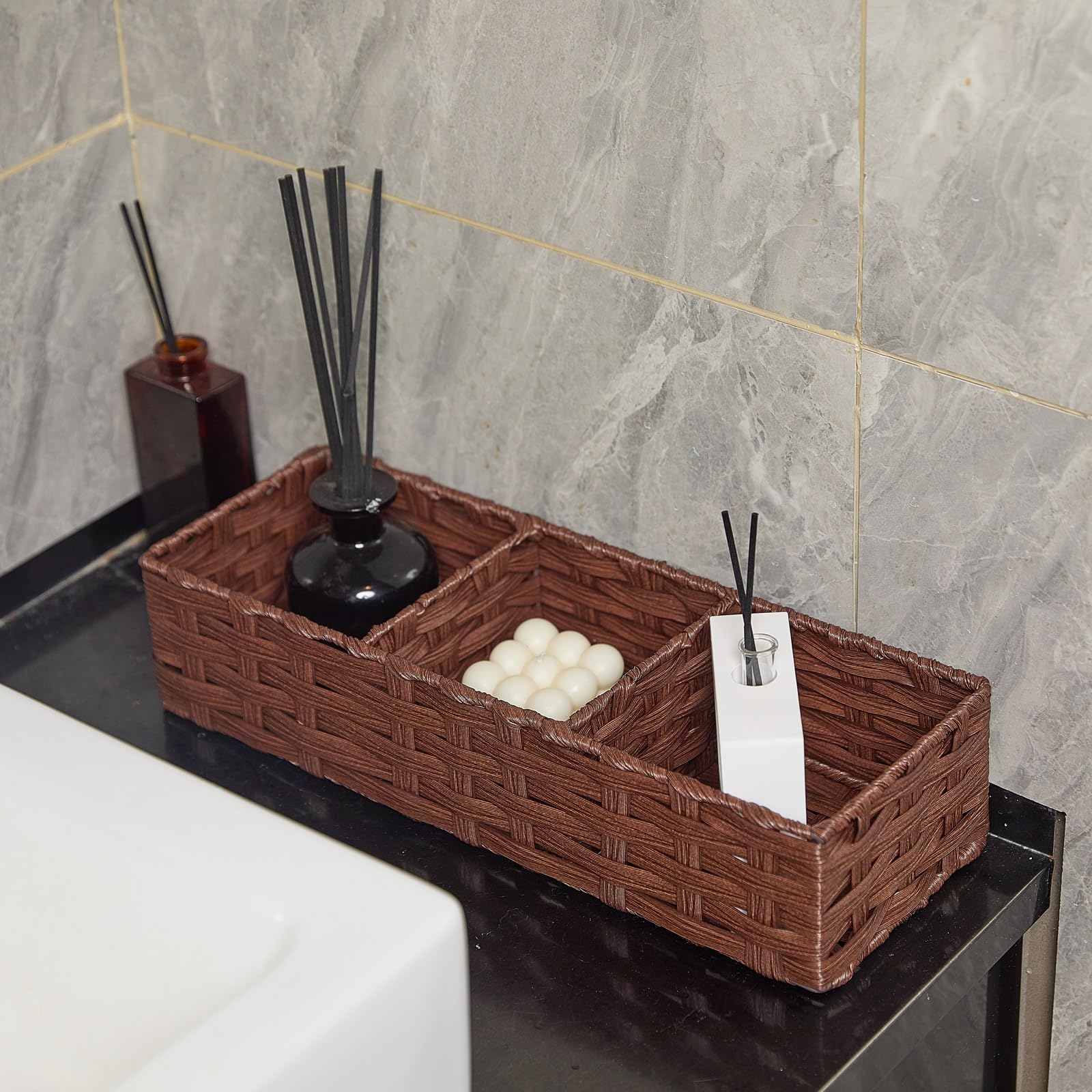 Buaihekefei Toilet Tank Topper Paper Basket ,Bathroom Organizers and Storage ,Waterproof Plastic Wicker Baskets for Organizing,Back of Toilet Basket with dividers,Brown, 2-Pack