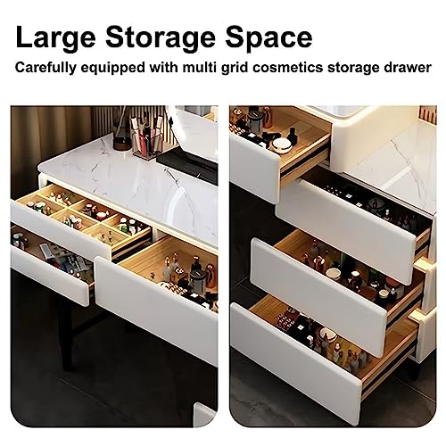 Attega Vanity Set, Makeup Vanity Desk with 6 Drawers and Ambient Light, Solid Wood Frame Vanity Set includes Smart Makeup Mirror and Chair, for Bedroom (47.24", White)