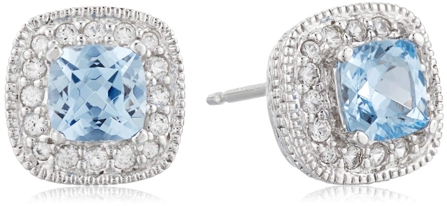 Amazon Essentials Sterling Silver Created Aquamarine and Created White Sapphire Halo Cushion Stud Earrings (previously Amazon Collection)