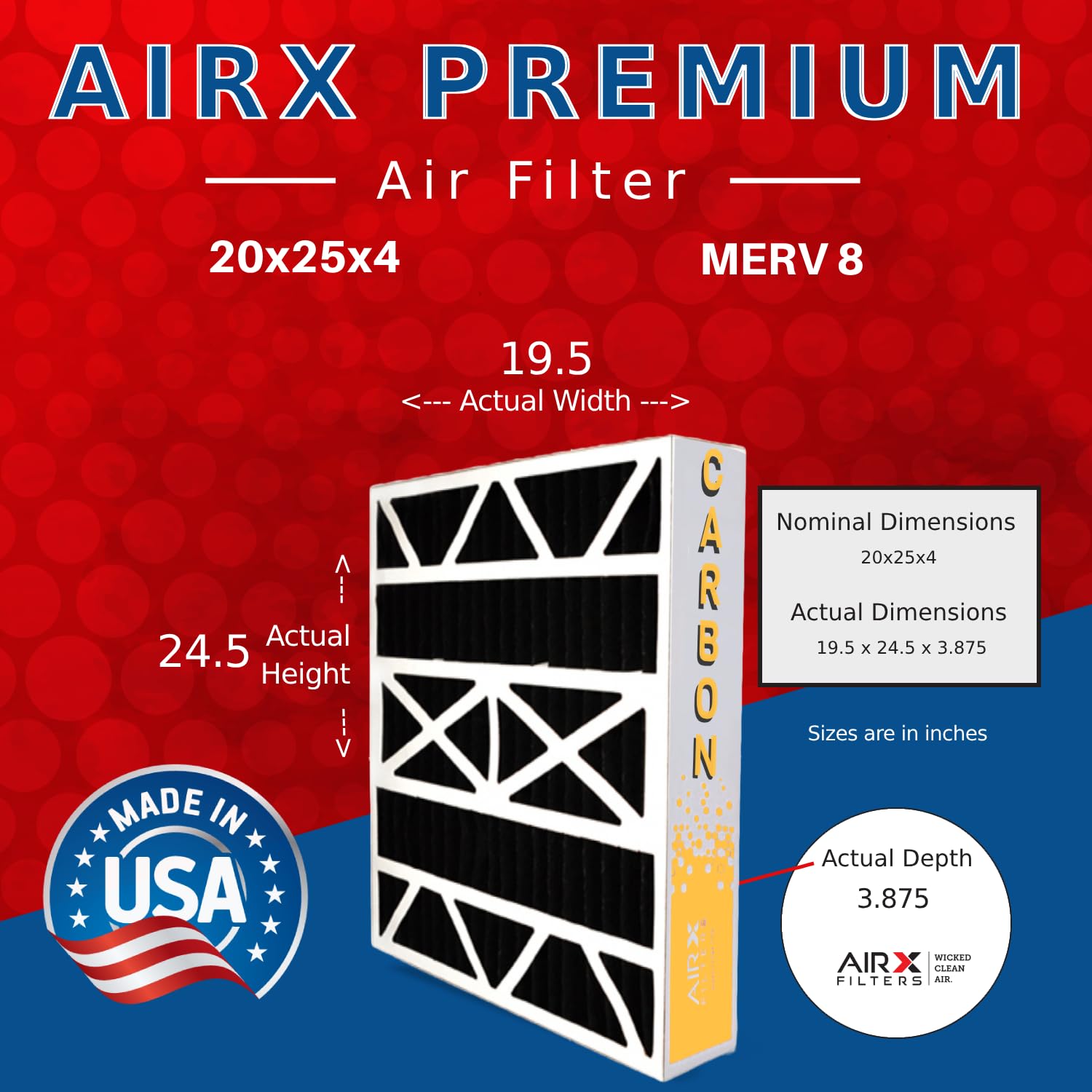 AIRX FILTERS WICKED CLEAN AIR. 20x25x4 Air Filter Odor Eliminator Carbon Filter MERV 8 AC HVAC Furnace Filters 6 Pack