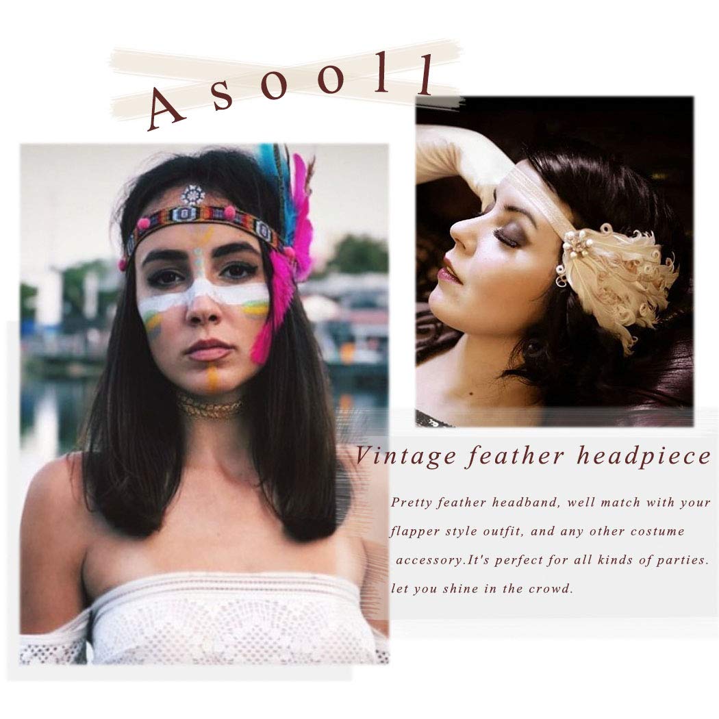 Asooll 1920s Vintage Feather Headband Black Crystal Headpiece Flapper Prom Hair Accessories for Women
