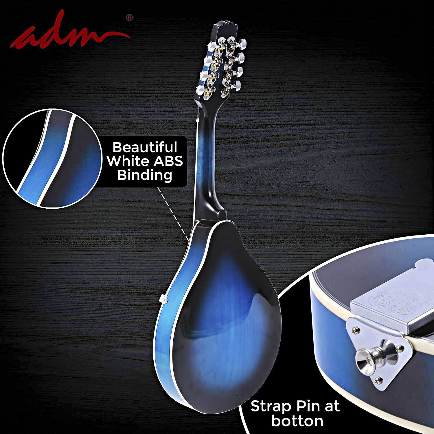 ADM Acoustic Mandolin Instrument Kit Music A Style for Kids Students Adults Wood Mandolins Beginner Set With Bag, Tuner, EQ, Strap, Strings, Picks and Hanger, Blue