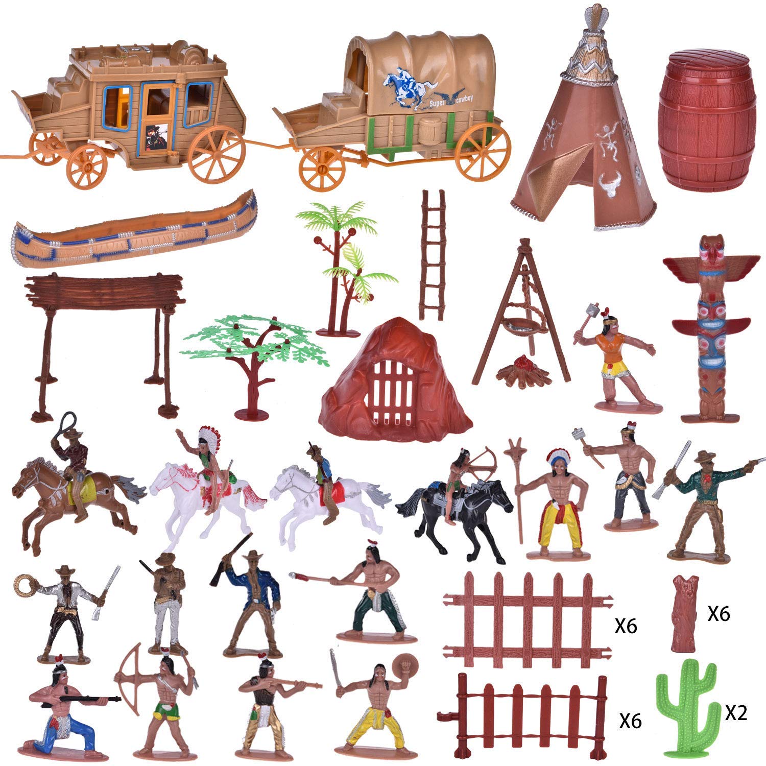 FUN LITTLE TOYS 61 PCs Wild West Cowboys and Indians Plastic Figures Toys, Toy Soldiers for Kids, Wild West Figure Playset with Horse, Tent, Army Men Boy's War Game, Educational Toys, Birthday Gift