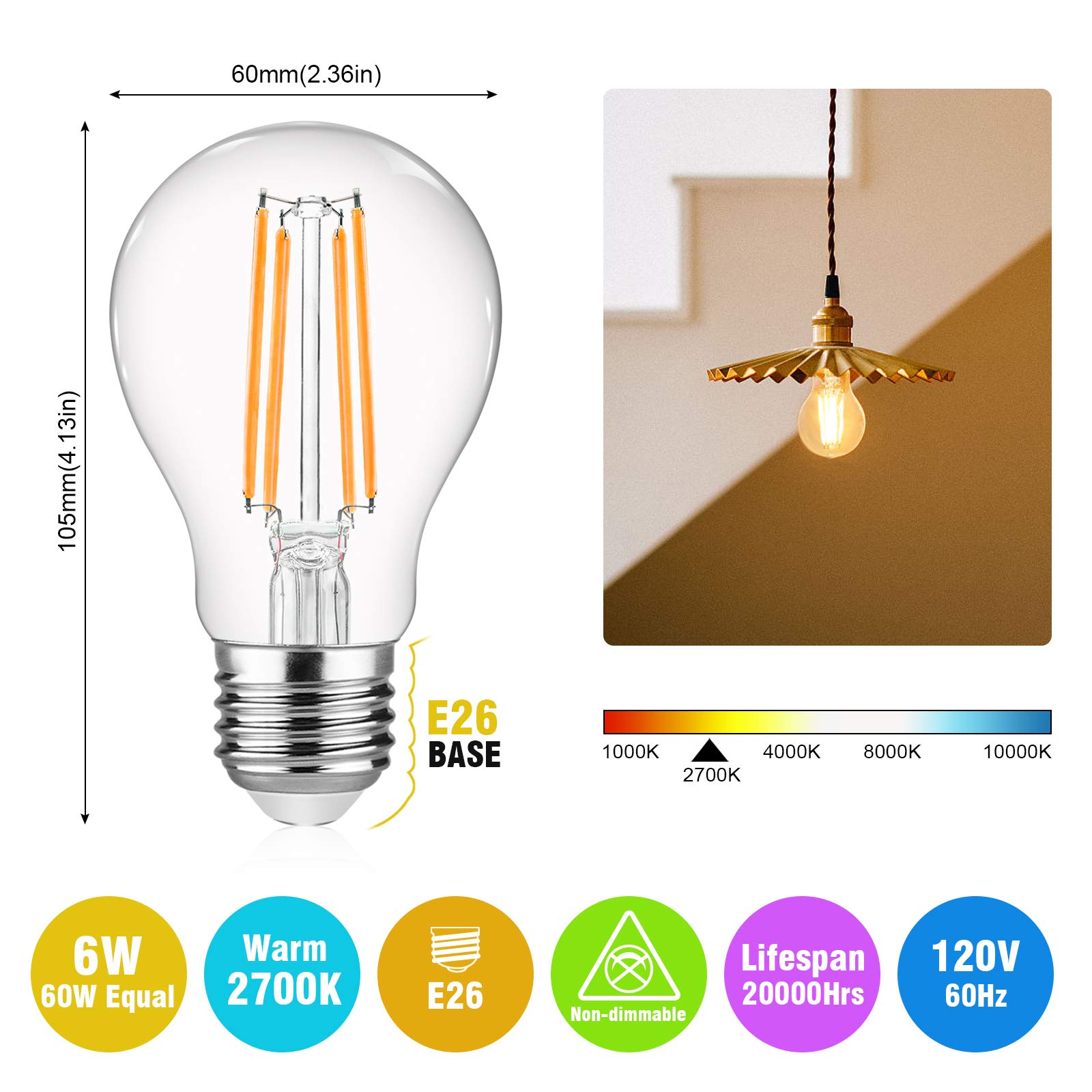 Ascher Classic Clear Glass E26 LED Light Bulb 60 Watt Equivalent, Eye Protection A19 LED Bulb with 95+ CRI, Warm White 2700K, Non-Dimmable,E26 Medium Base, Pack of 6