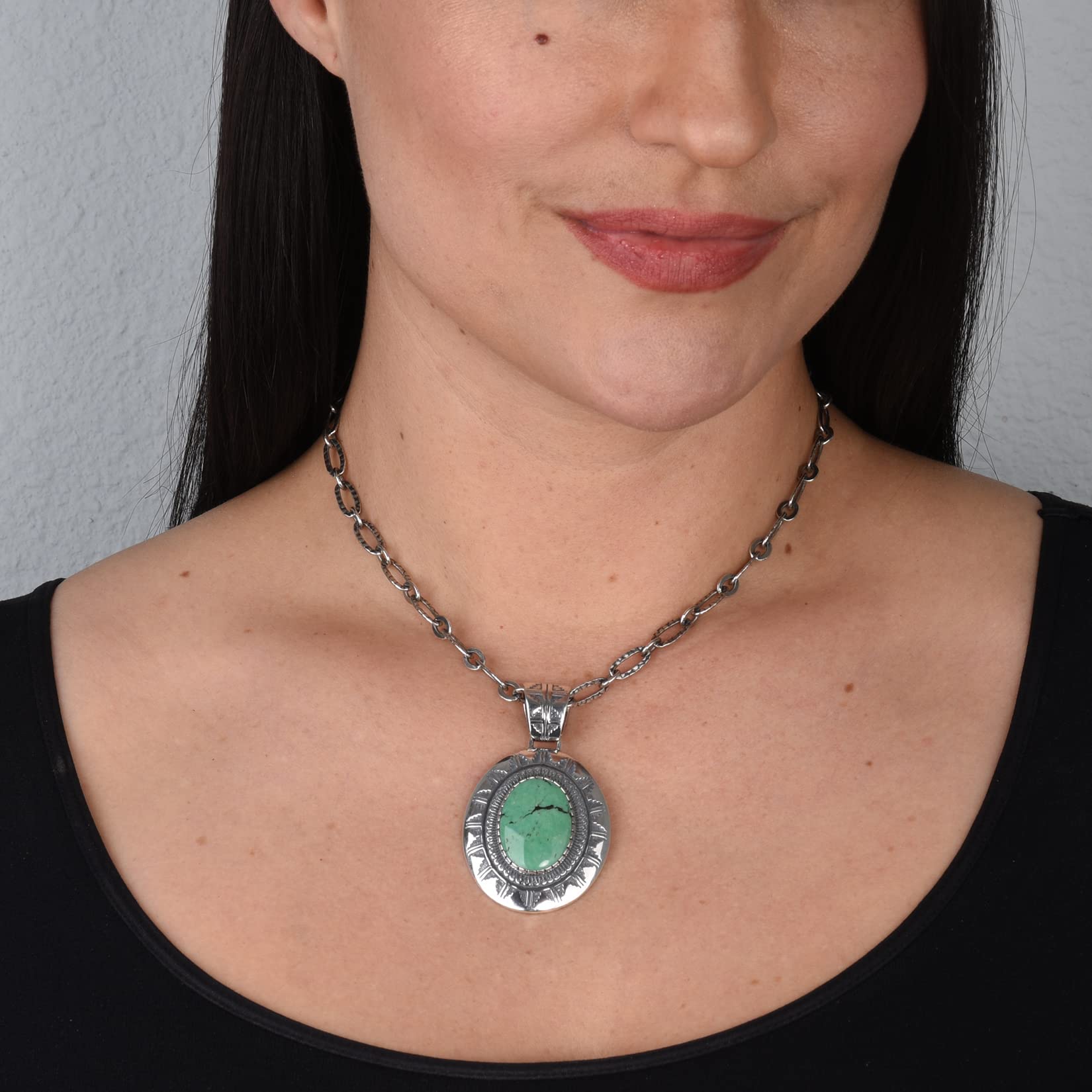 American West Sterling Green Turquoise Gemstone Diamond-Cut Oval Pendant