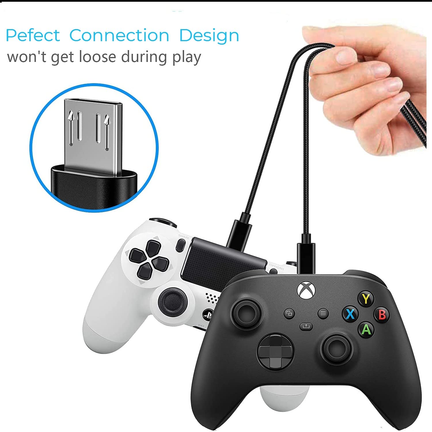 AOSOK PS4 Controller Charger Cable 10FT, 2Pack Braided PS4 Charger - Extra Long Micro USB Fast Charging Cord for Playstation 4, PS4 Slim/Pro, Xbox One S/X Controller, Android Phones