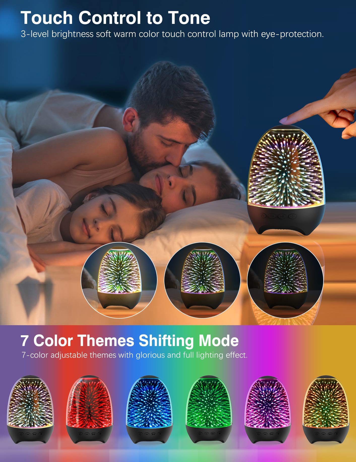 Aiscool Night Light Bluetooth Speaker, 3D Glass Music Bedside Table Lamp with 7 Colors, LED Touch Night Lamp Rechargeable Portable Lamp Gifts for Girls, Boys, Women, Men, Dad, Mom(Galaxy Black)