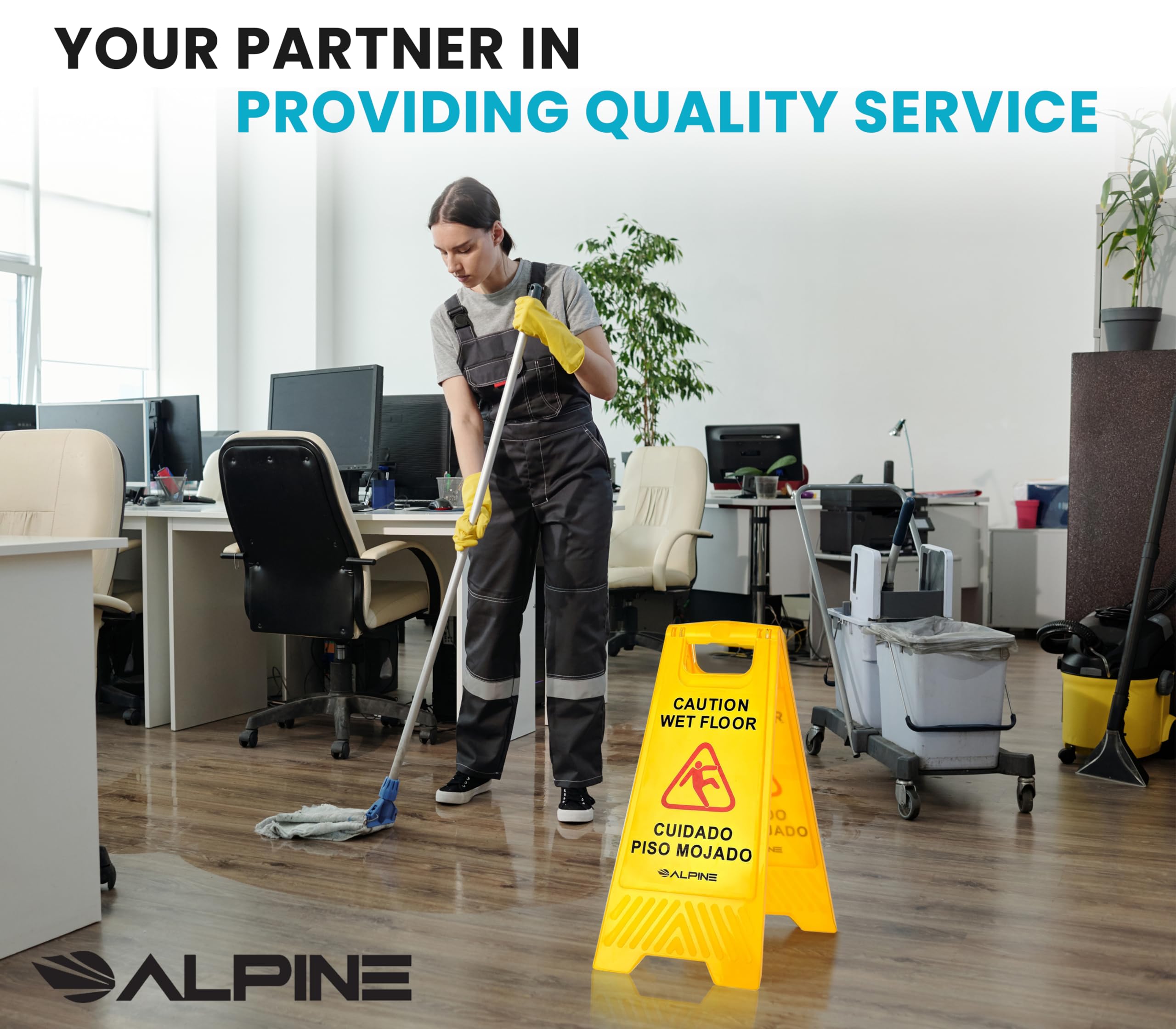 Alpine Wet Floor Signs 3 Pack - 24 Inch Caution Wet Floor Sign, High Visibility Yellow Slippery When Wet Sign - Bilingual Safety Warning Sign to Easily Avoid Slippery Accidents in High Traffic Areas