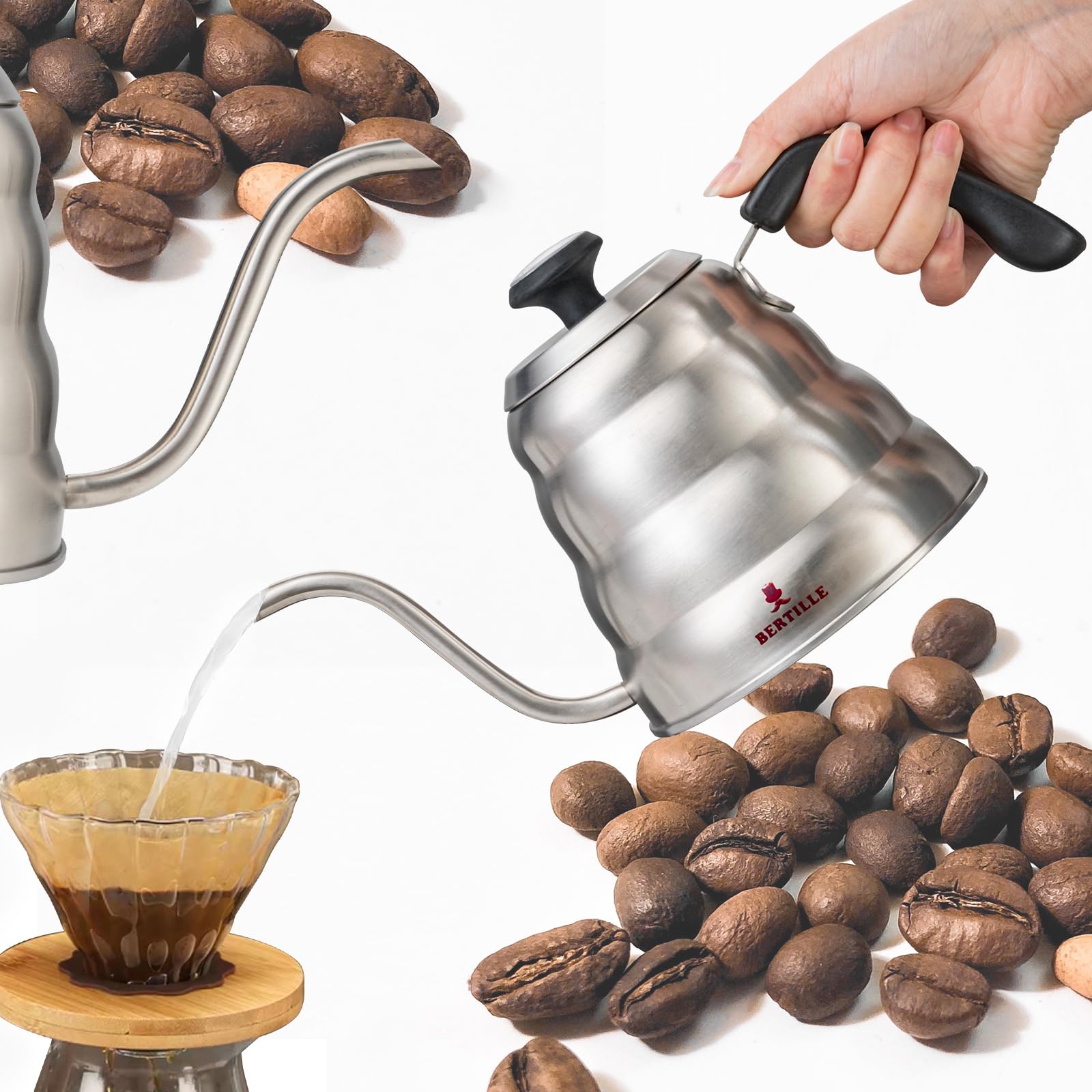 BERTILLE Gooseneck Coffee Kettle Tea Kettle with Thermometer 40 fl oz/1200 ml, premium stainless steel kettle body and ergonomic handle + 1.1 oz coffee bean storage canister(Black)