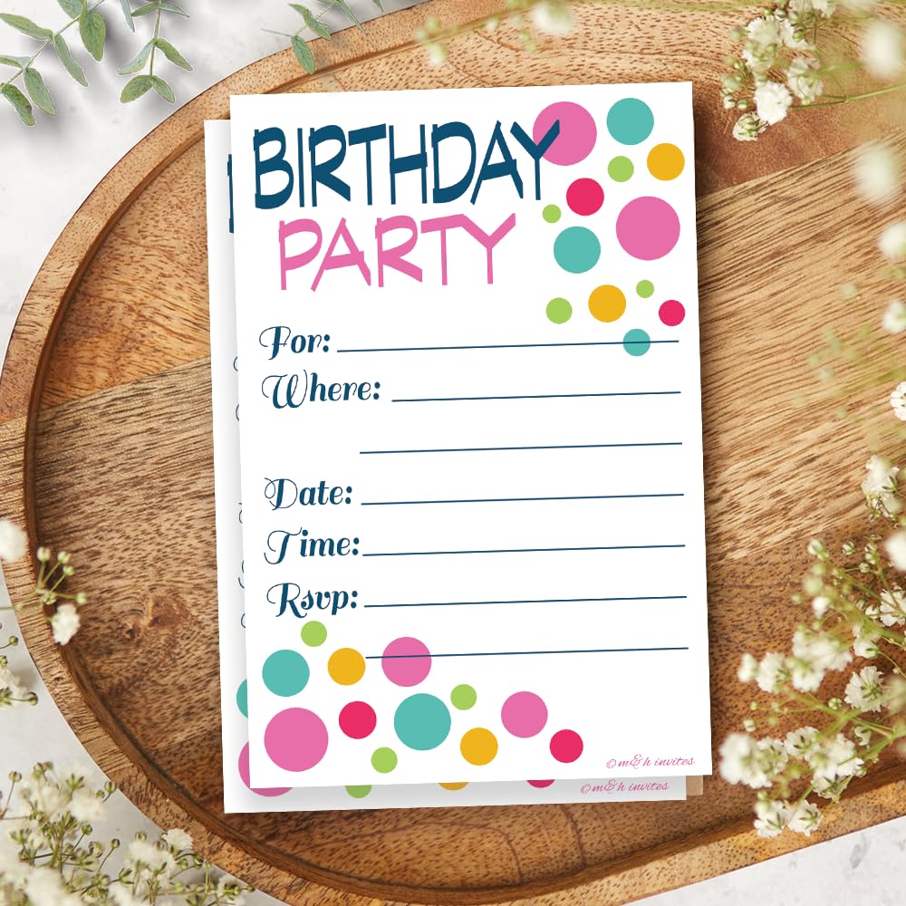 Adult or Teen Birthday Party Invitations Colorful Dots - Fill In Style (20 Count) With Envelopes