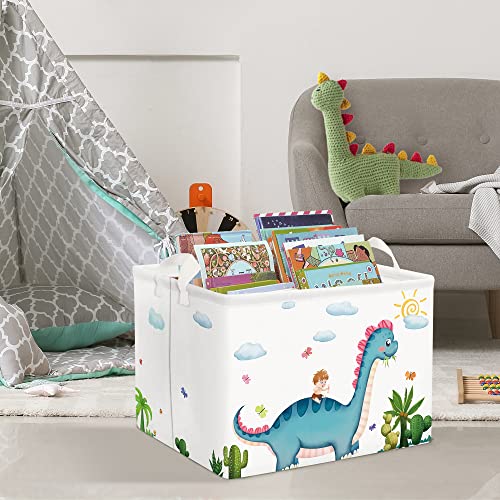 Clastyle Blue Dinosaur Baby Playing Trees Shelf Basket for Kids Room Butterflies Clouds Rectangle Book Toy Clothes Cube Storage Basket, 36L