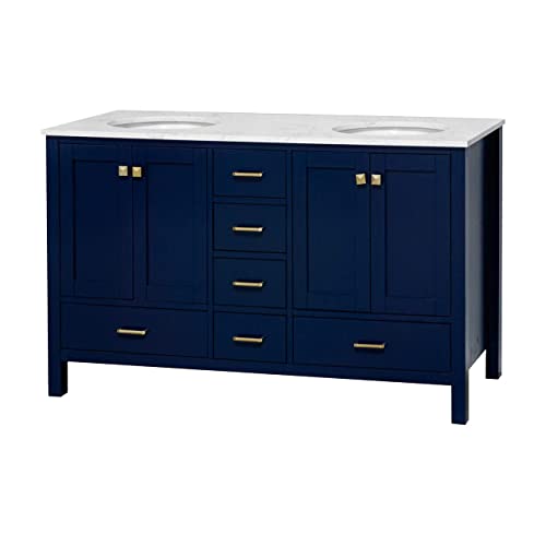 Kitchen Bath Collection Horizon 60-inch Double Bathroom Vanity (Engineered Carrara/Royal Blue): Includes Royal Blue Cabinet with Engineered Carrara Countertop and White Ceramic Sinks