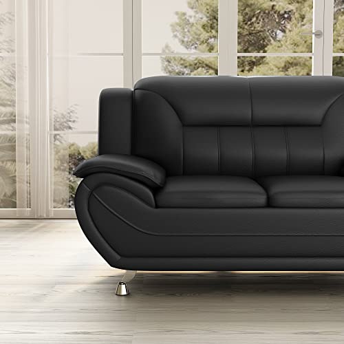 Container Furniture Direct Michael Modern Faux Leather Upholstered Stainless Steel Legs Living Room Loveseat, Black