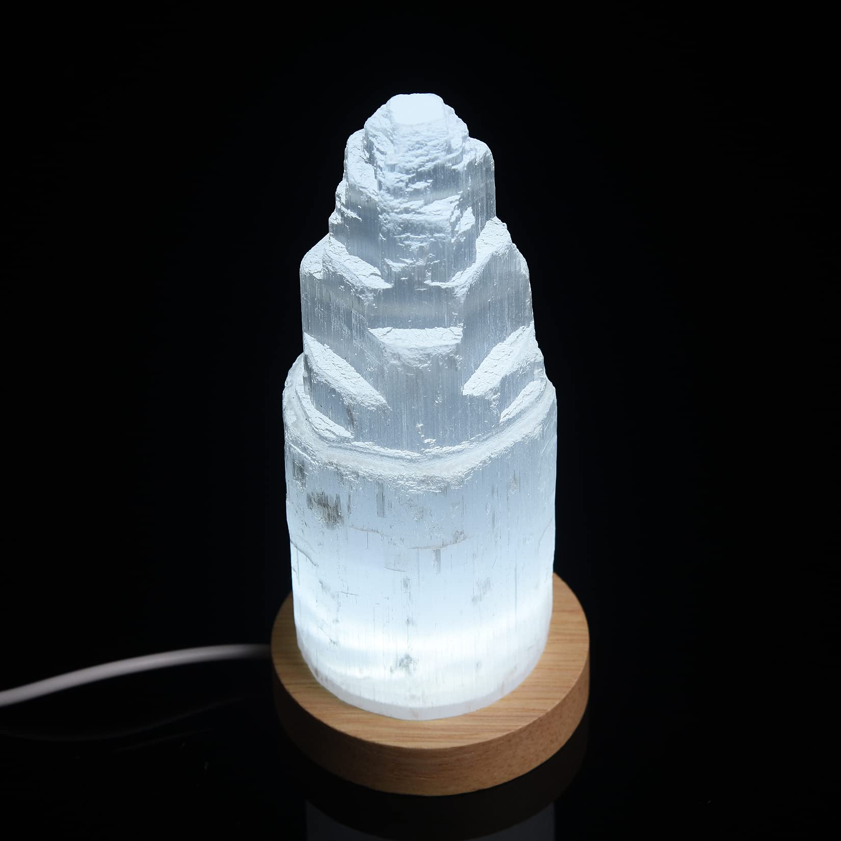 AMOYSTONE Natural Selenite Lamp Small White Crystal Lamp 5" Height Skyscraper Tower with LED Light Base