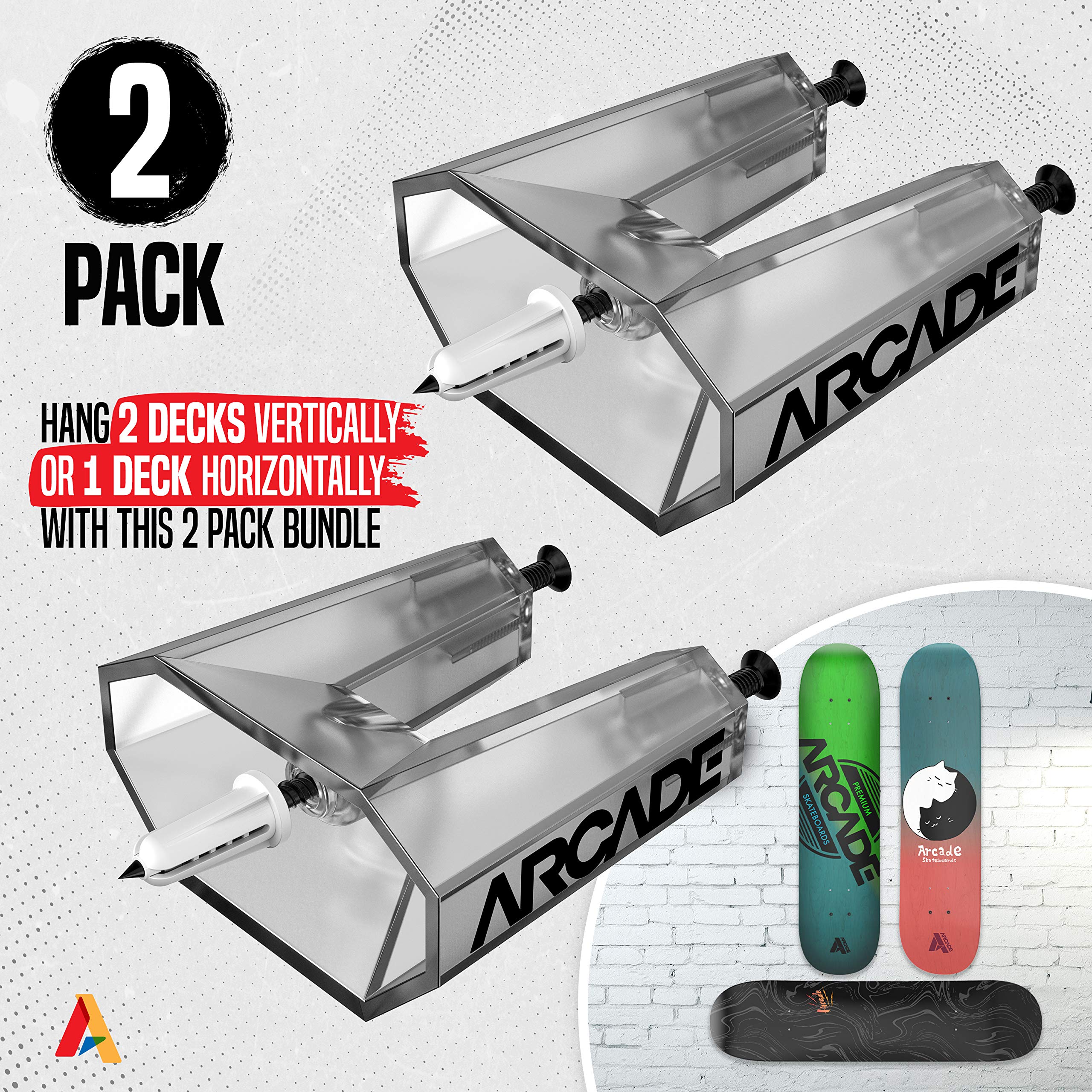 ARCADE Skateboard Wall Mount Rack Hanger 2 Pack Horizontal or Vertical Display (Clear)