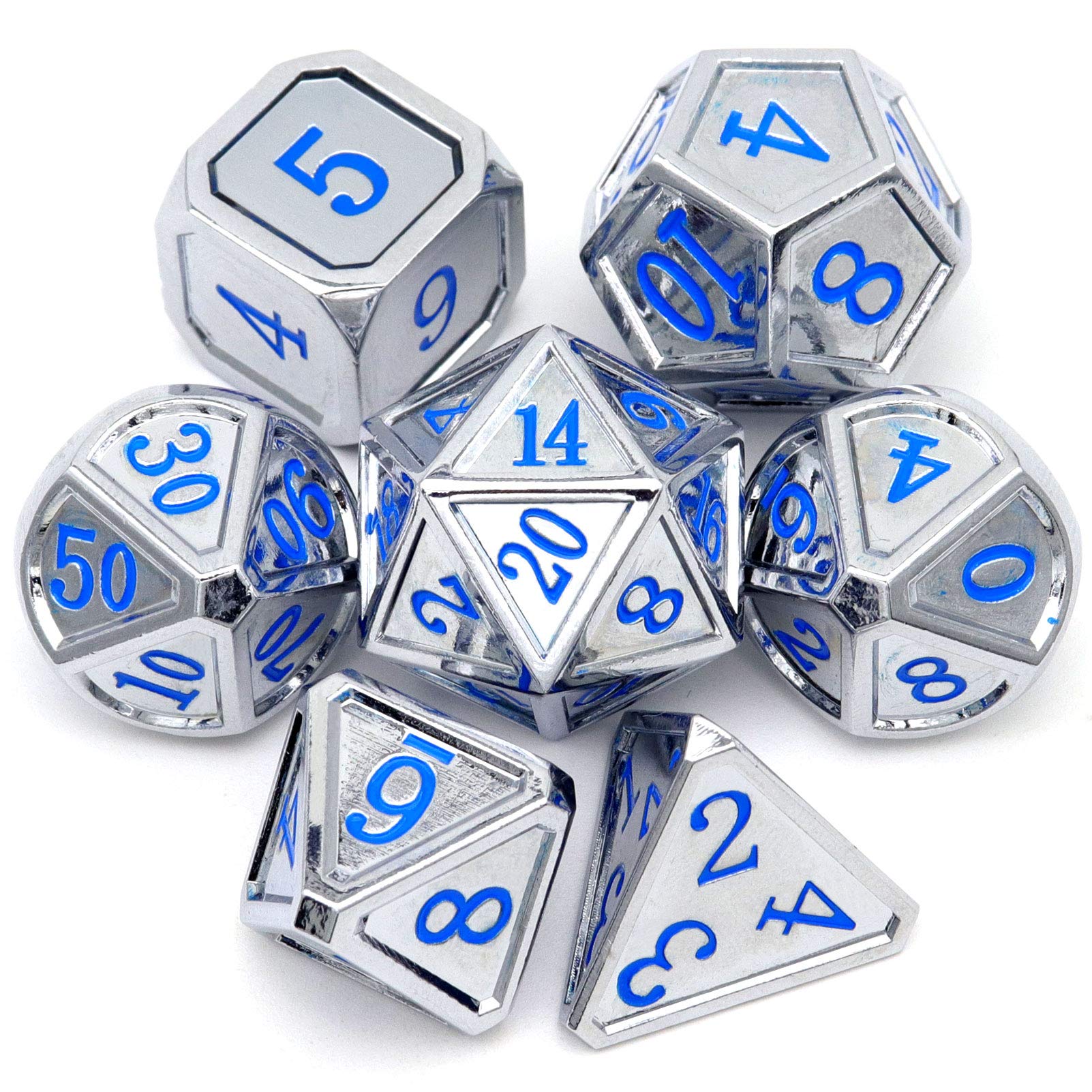 Haxtec Metal DND Dice Set Silver W/ Gift Metal Case D&D Polyhedral Dice for Dungeons and Dragons TTRPG-Silver Blue Numbers