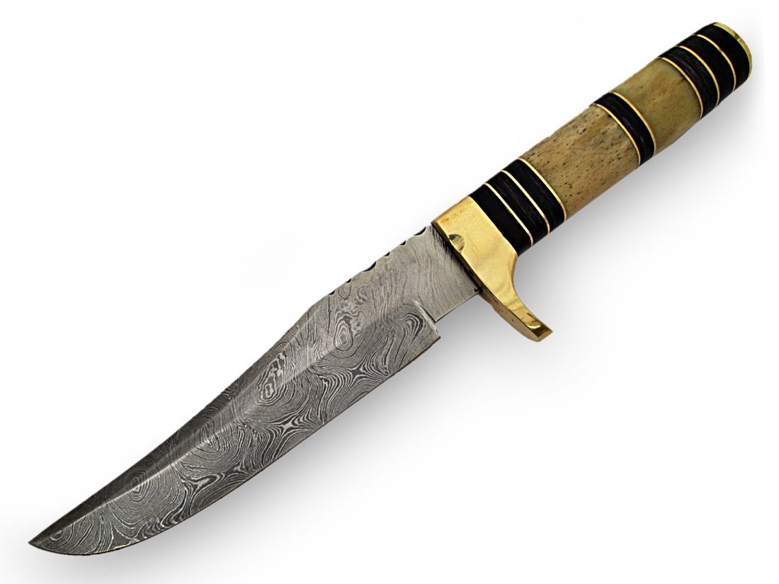 AishaTech Aegis Hunting Knife Damascus Steel Blade Bone and Wood Handle