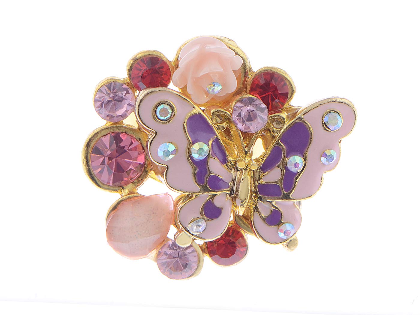 Alilang Golden Tone Shine Pink Crystal Rhinestones Enamel Butterfly Insect Flower Fashion Ring