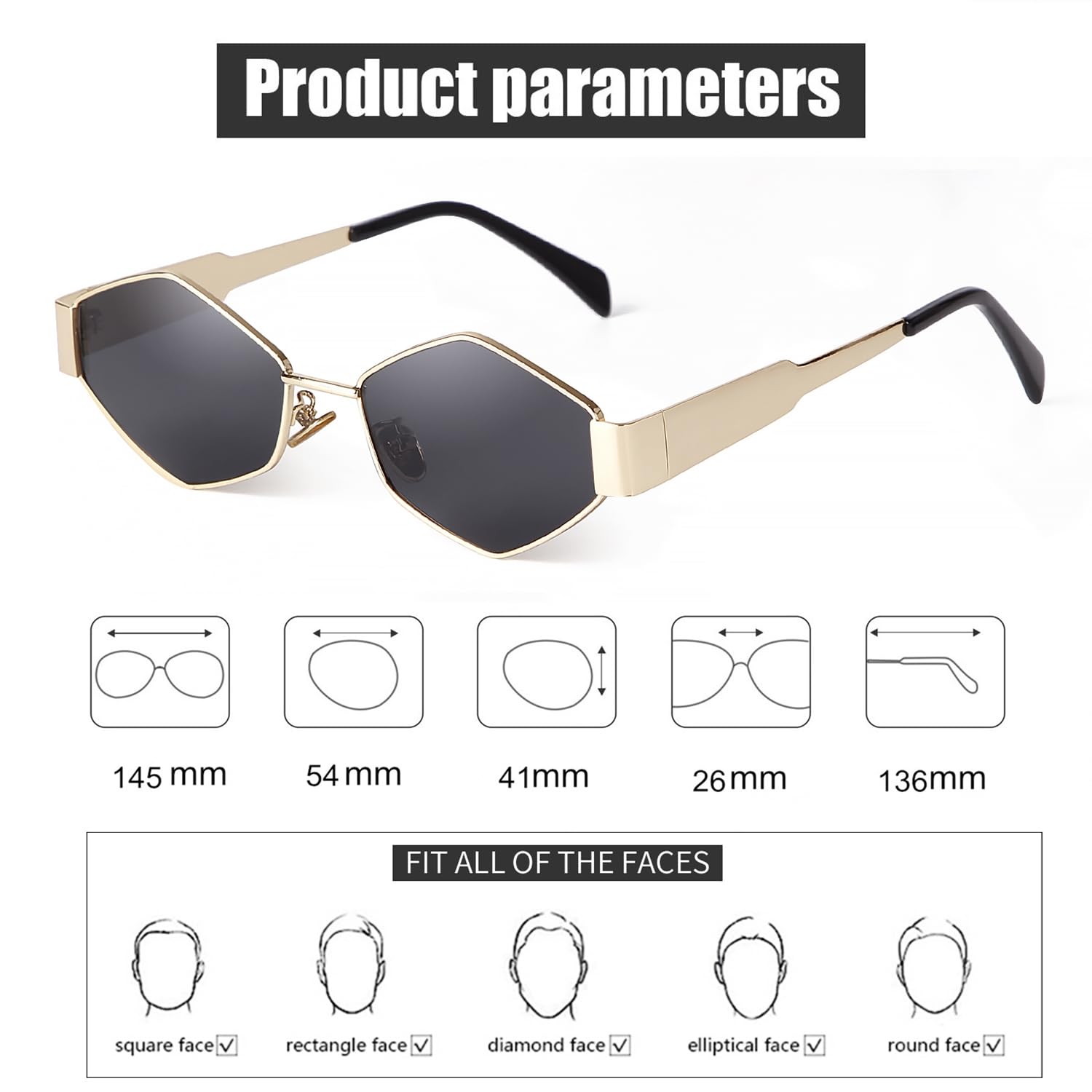 ADE WU Hexagon Sunglasses for Women Vintage Gold Geometric Shades in Metal Frame Gold/Grey