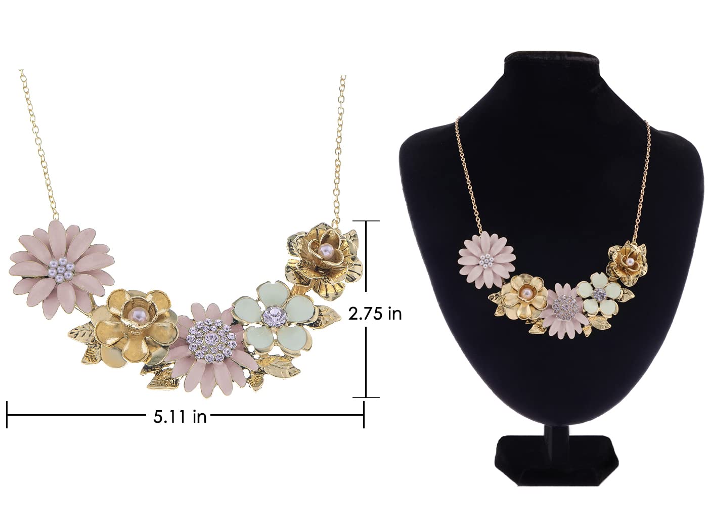 Alilang Womens Flower Rhinestones Pearl Statement Bib Golden Tone Necklace with Gray Yellow Enamel, Light Pink