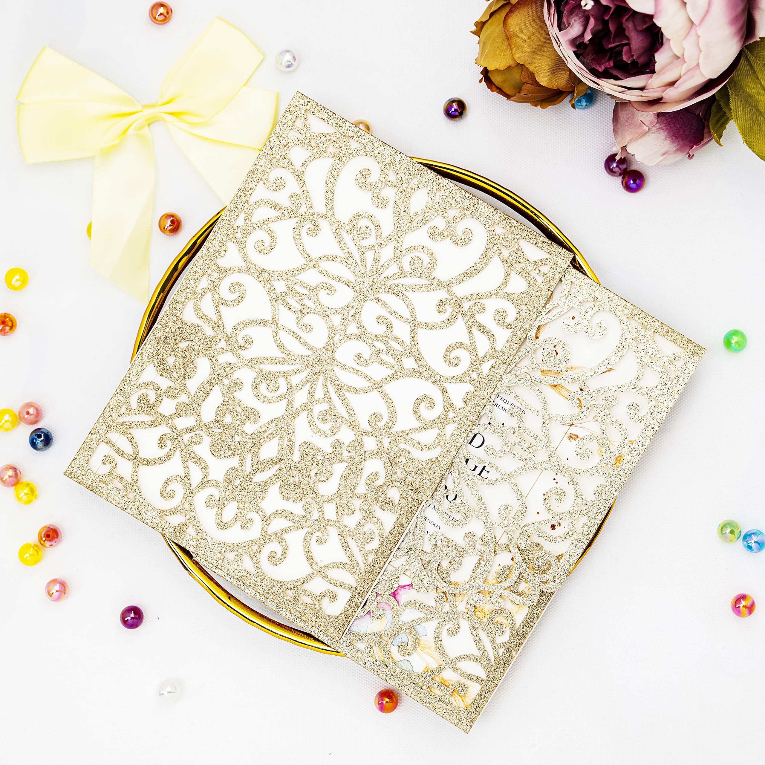 Builcker 20PCS Set Laser Cutting Gold Glitter Invitation Card Greeting Card Graduation Party Wedding Birthday Party Hollow Invitations Flip Invitation Pocket With Envelope (Gold Glitter)