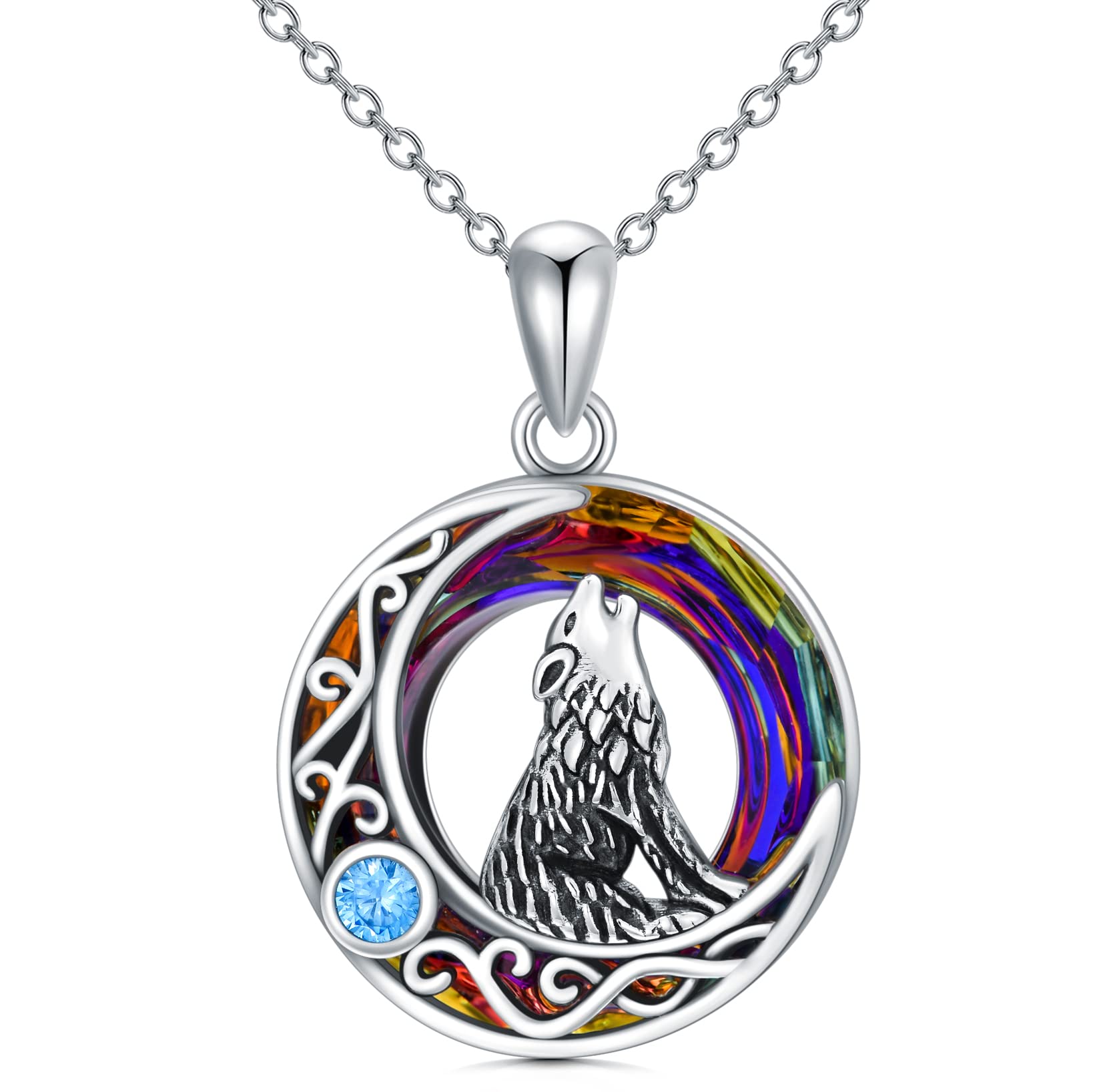 AOBOCO Sterling Silver Celtic Moon Wolf Pendant Necklace, Wolf Jewelry Birthday Gifts for Women Her