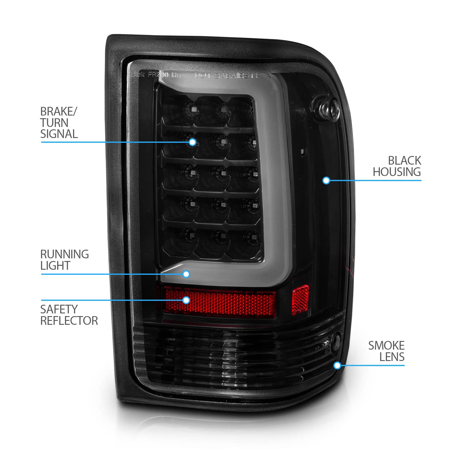 AmeriLite for 1993-1997 Ford Ranger Smoke Black C-Type LED Tube Replacement Taillights Set - Passenger and Driver Side