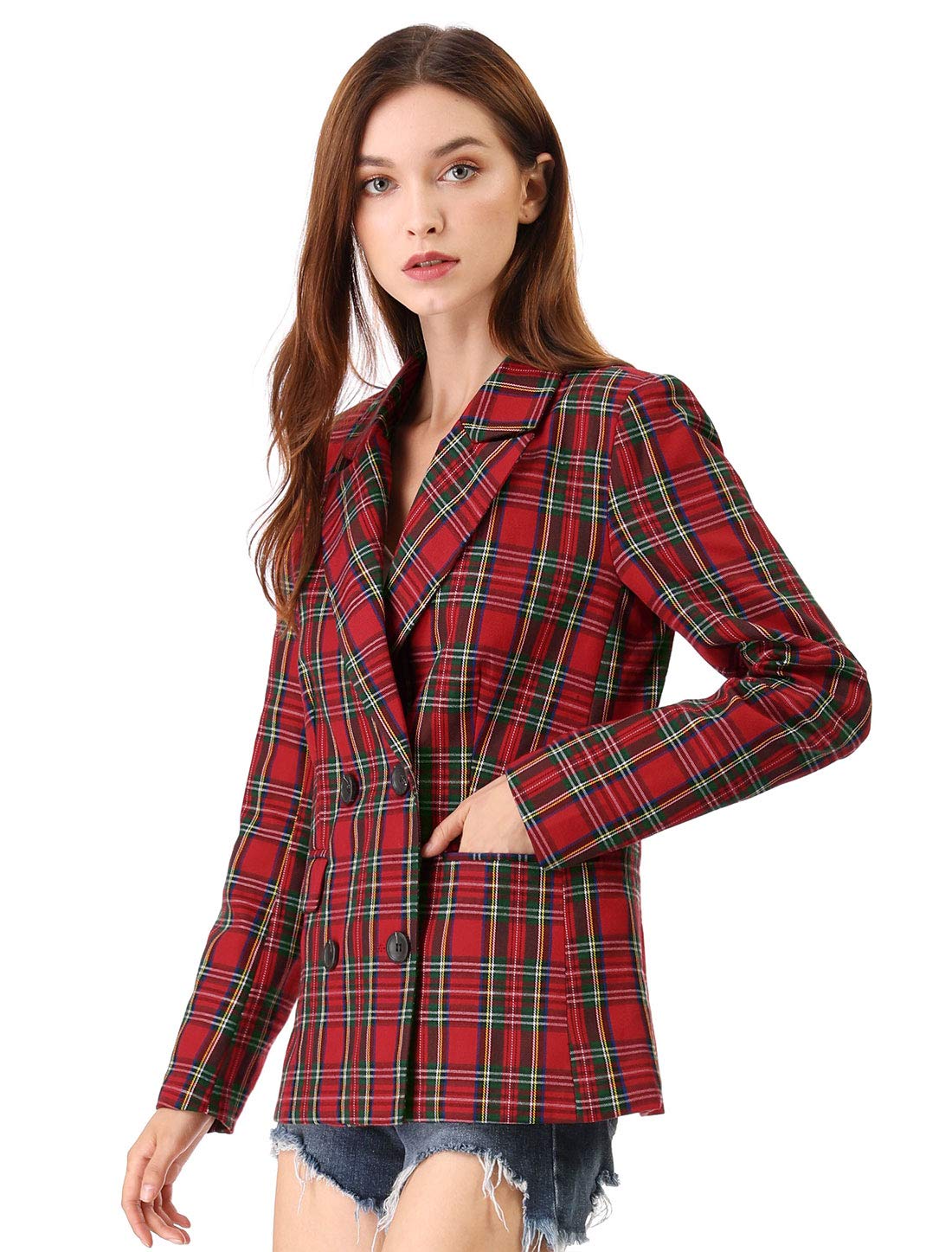 Allegra K Women's Notched Lapel Double Breasted Work Formal Blazer Jacket X-Large Red Green