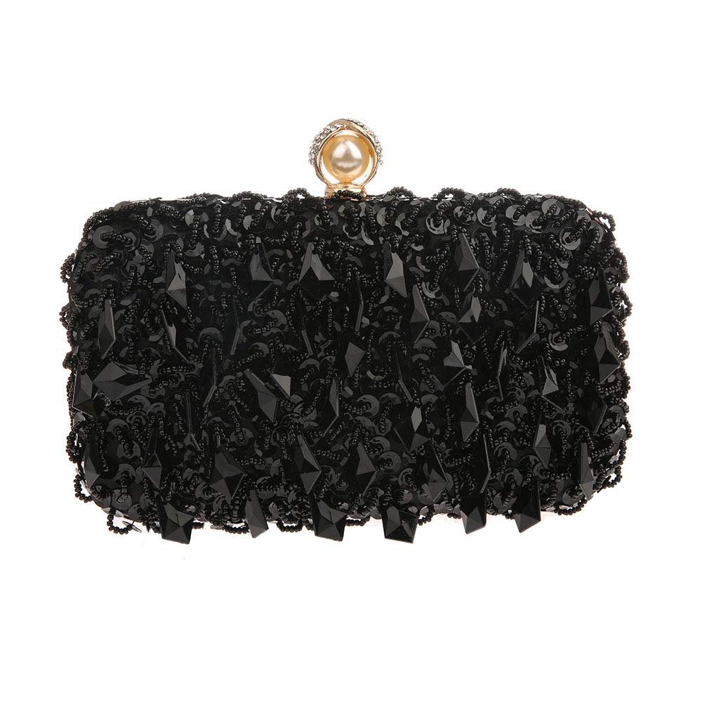 ASPHODELCHIC Women Sequins Rhinestone Evening Bag Beaded Crystal Bling Glitter Purse with Pearl Lock for Wedding Party (Black)