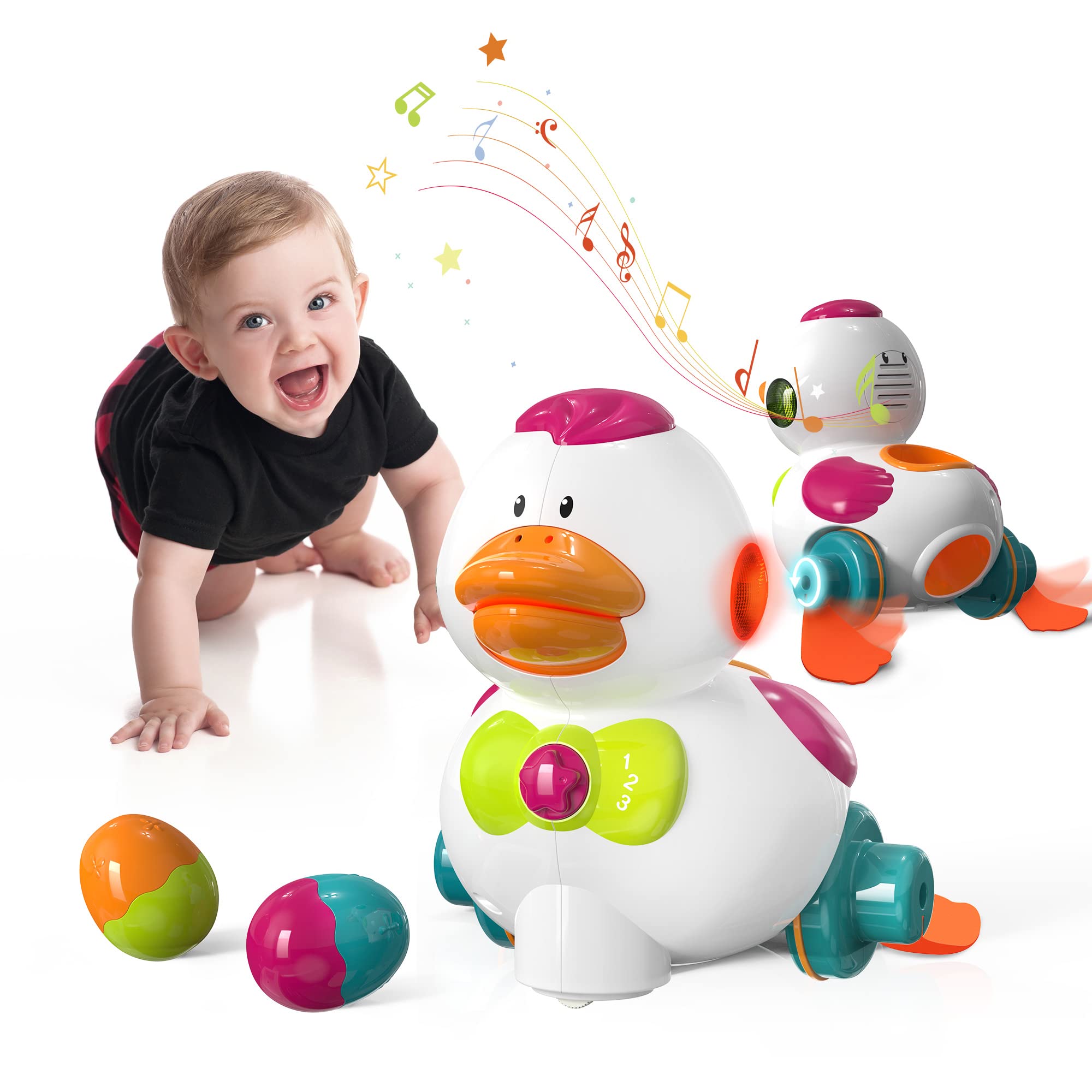 auby Dancing Duck Toy for Toddlers 2-3, Voice Controlled Musical Toys with Light, 3 Mode Moving Duck Toys with 2 Eggs, Easter Toys for Crawling Babies, Crawling Duck Lay Eggs Toys