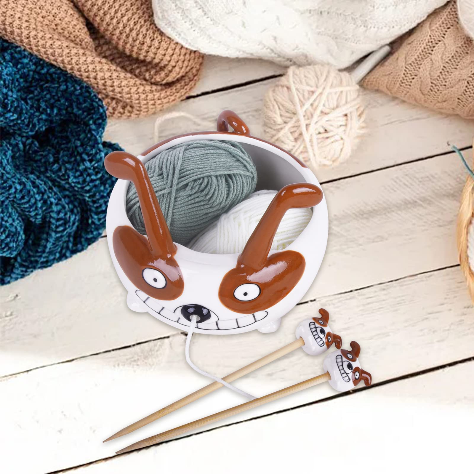 Vencer Ceramic Yarn Bowl Knitting Bowl,Craft Knitting Bowl,Handmade Ceramic Yarn Holder for Crochet and Knitting Accessories,Yarn Storage,Cat,VAY-002