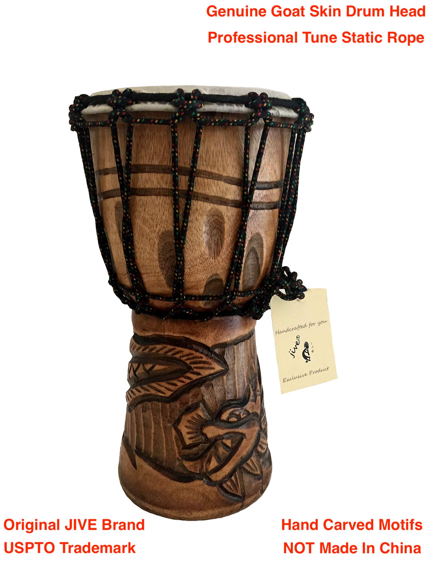 Djembe Drum Solid Wood Deep Carved Bongo Congo African Drum - 12" HIGH MED SIZE - Professional Quality - NOT MADE IN CHINA - JIVE BRAND (Dragon)