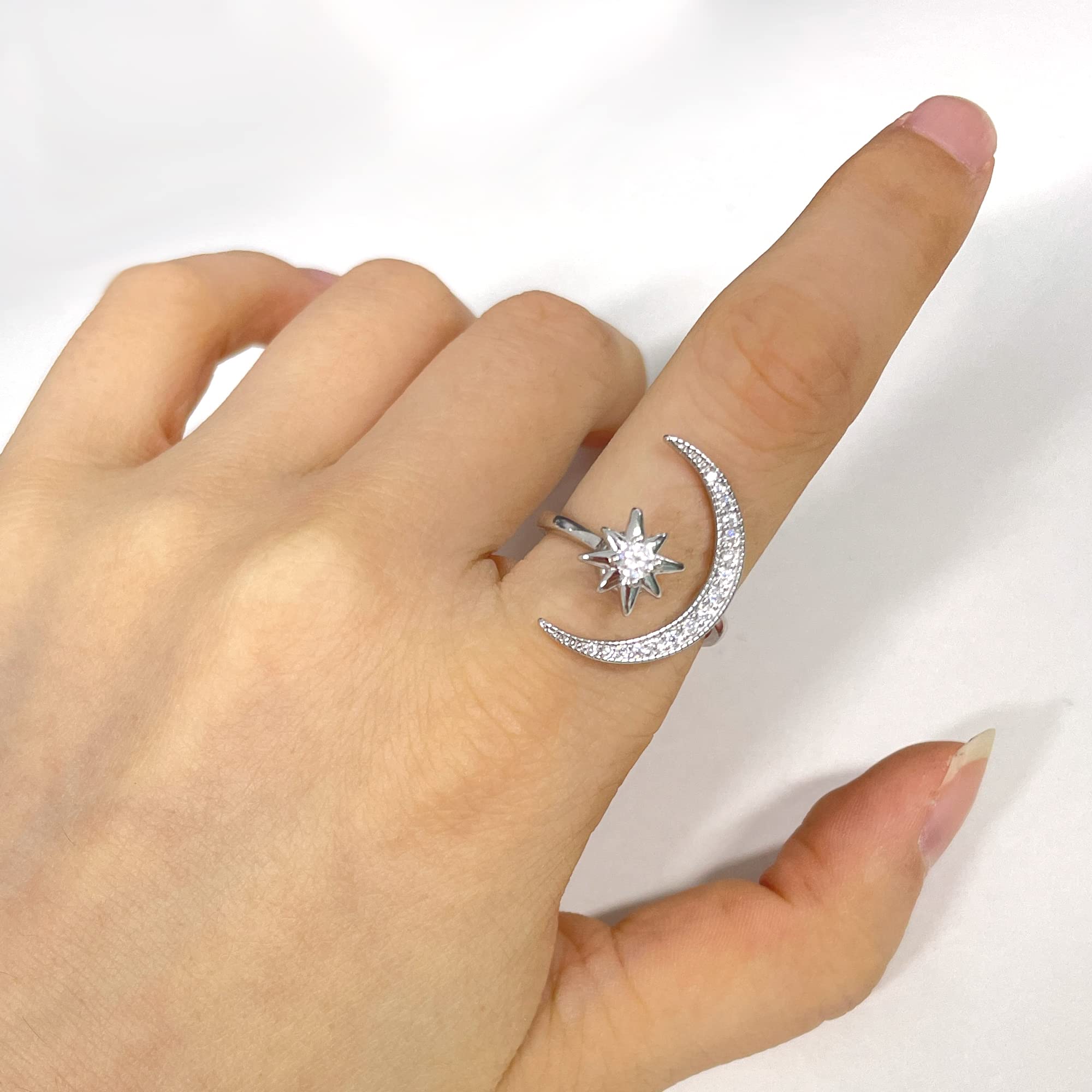 ADRAMATA 925 Sterling Silver Moon Ring for Women Crescent Moon Ring Platinum Plated Fidget Spinning Ring for Anxiety Stress Relieving Women's Sterling Silver Moon Ring Adjustable