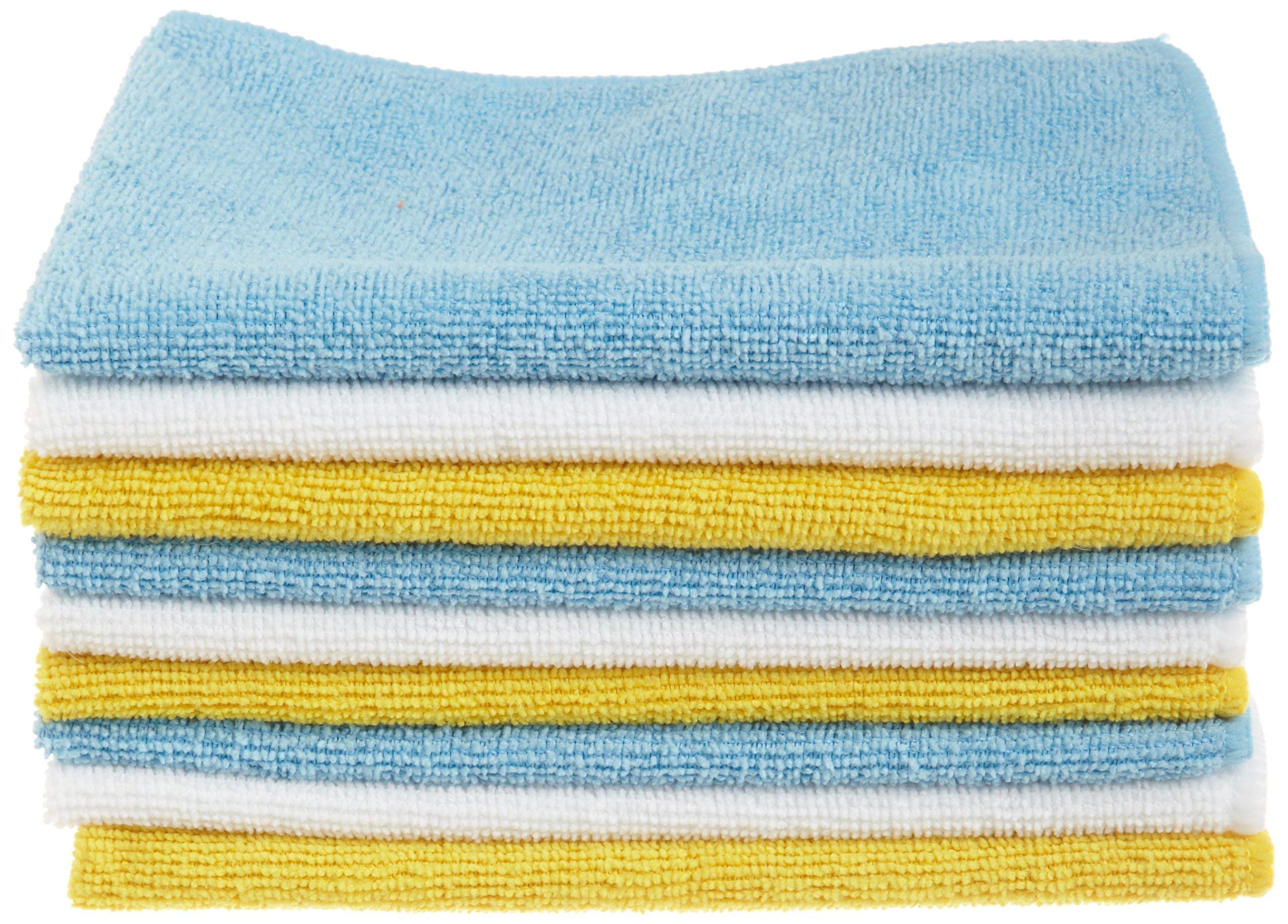 Amazon Basics Microfiber Cleaning Cloths, Non-Abrasive, Reusable and Washable, Pack of 48, Blue/White/Yellow, 16" x 12"