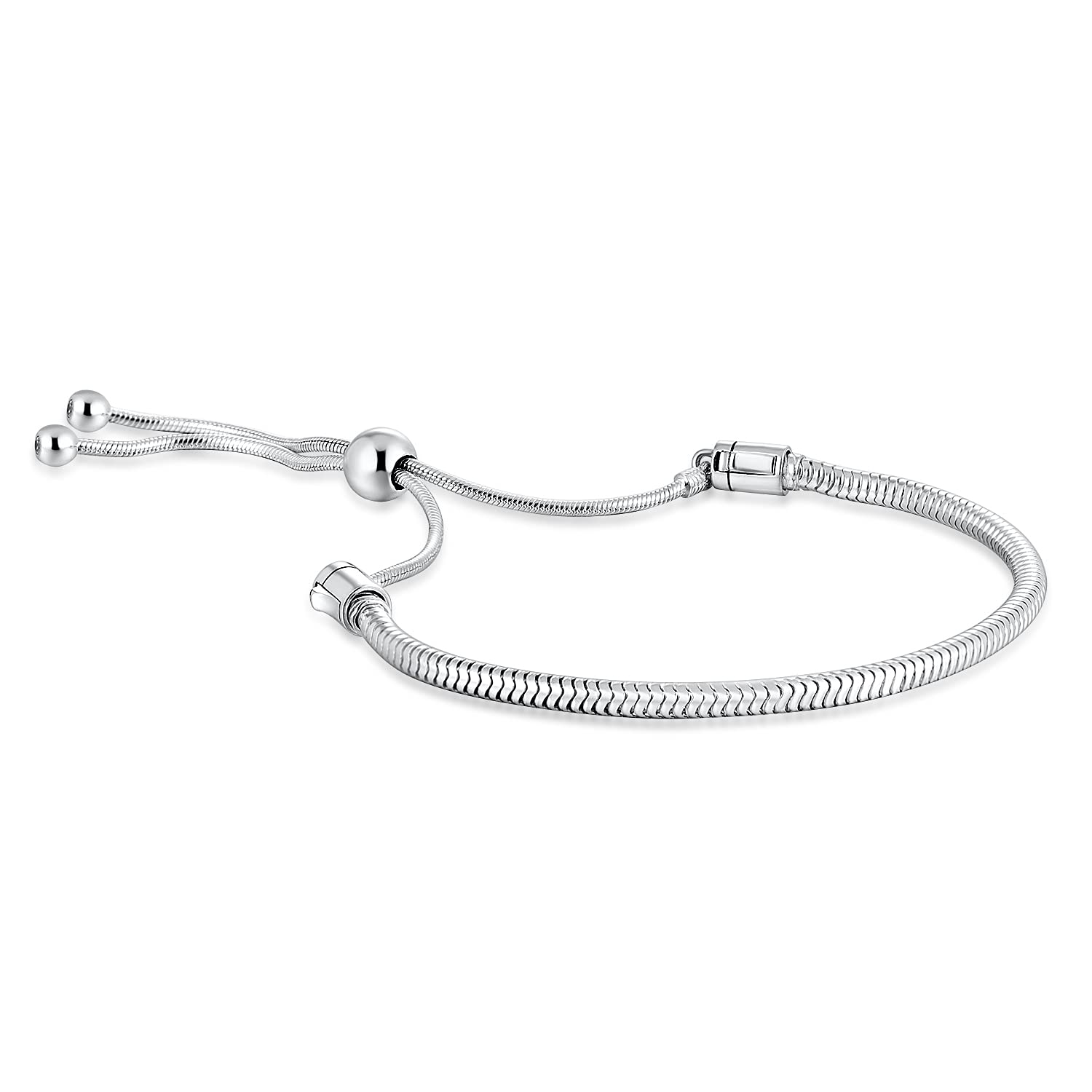 ANGEMIEL Sterling Silver Snake Chain Sliding Bangle Bracelet fit All Charm Beads for Women Girls Gifts