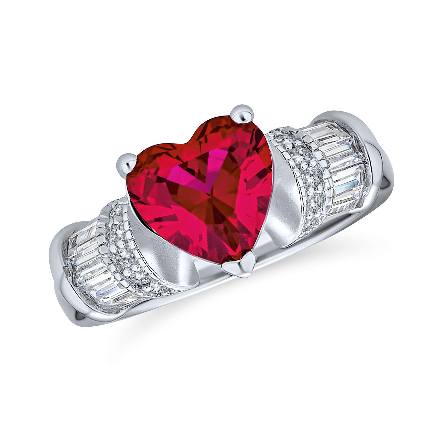 Art Deco Style 2.5CT Red Pink Heart Shape Solitaire CZ Engagement Ring Baguettes Side Stones Simulated RED Ruby .925 Sterling Silver Promise Ring