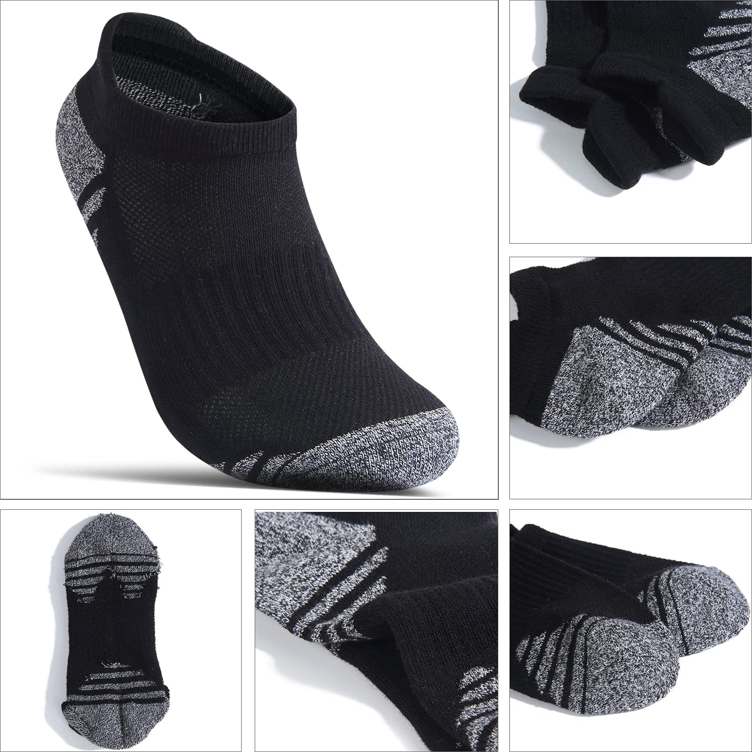 AMAZ-PLAY Cotton No Show Socks for Men With Heel Tab, Cushion Ankle Compression Running Athletic Low Cut Mens Sock 6 Pack