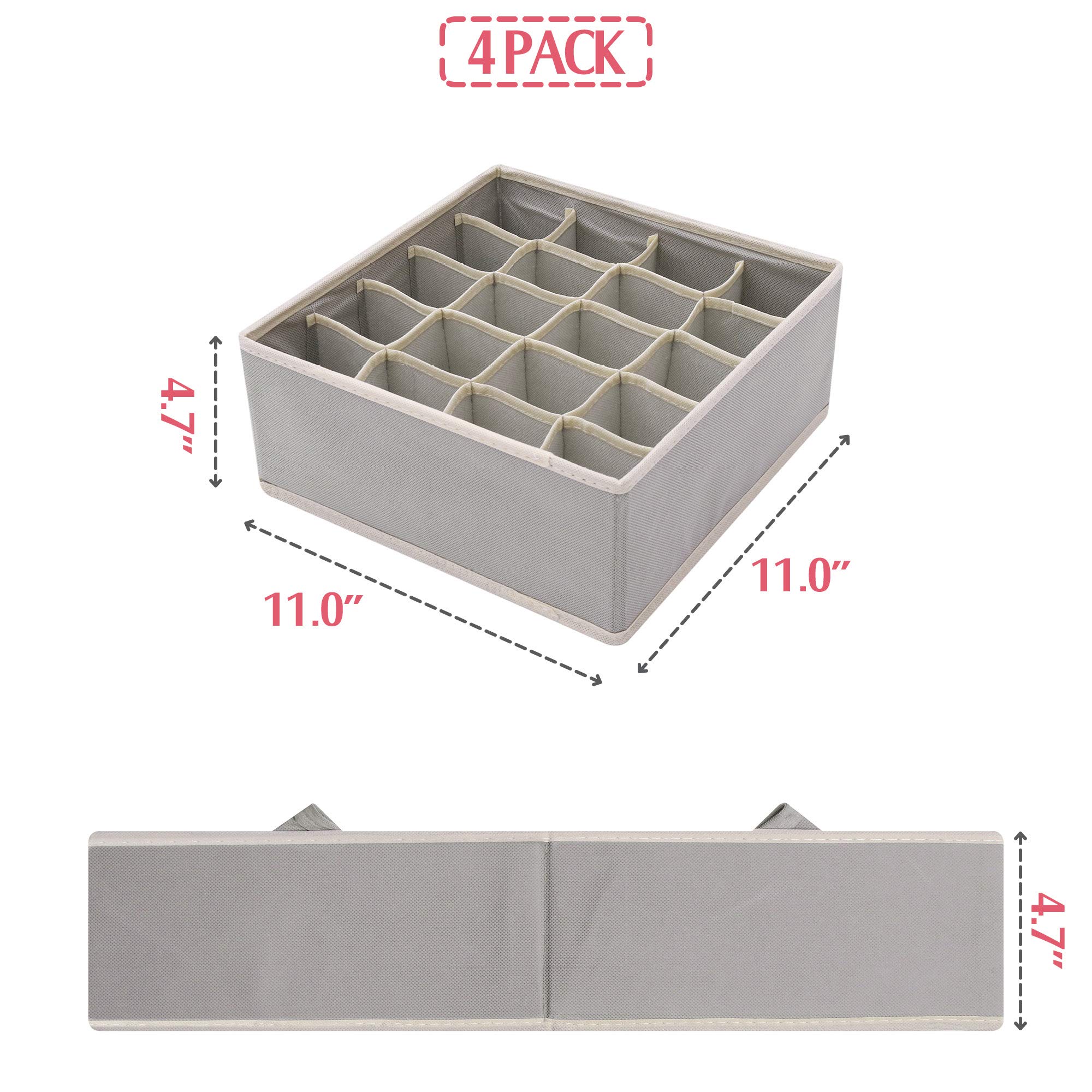 DIOMMELL Set of 4 Foldable Cloth Storage Box Closet Dresser Drawer Organizer Fabric Baskets Bins Containers Divider for Clothes Underwear Socks Lingerie Clothing, Grey 40-0000