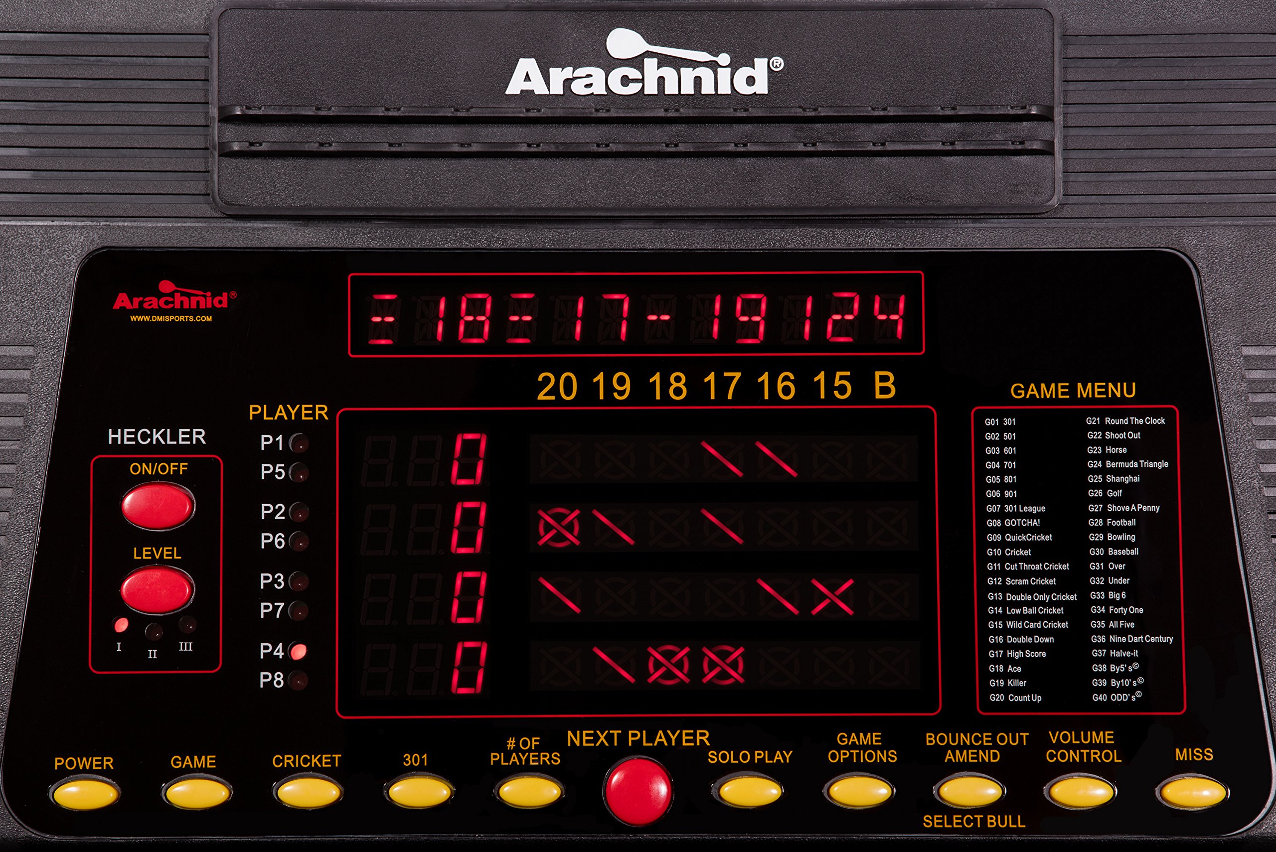 Arachnid Cricket Pro 800 Standing Electronic Dartboard with Cherry Finish, Regulation 15.5” Target Area, 8-Player Score Display and 39 Games Brown