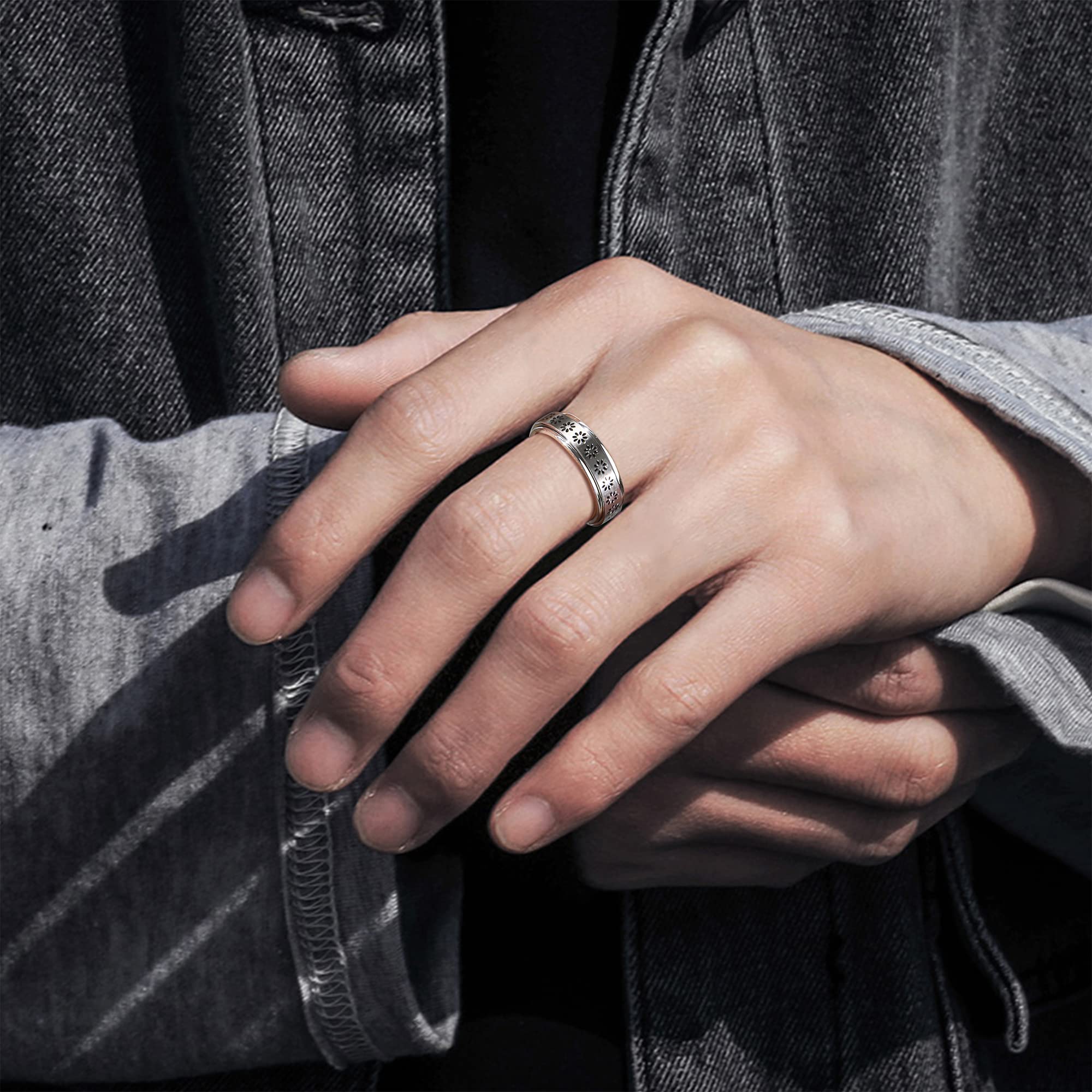 ADRAMATA Fidget Rings for Anxiety for Women Men Stainless Steel Meditation Rotatable Ring Gold&Black Star Moon Phase Daisy Anxiety Ring Spinner Ring Set 2PCS